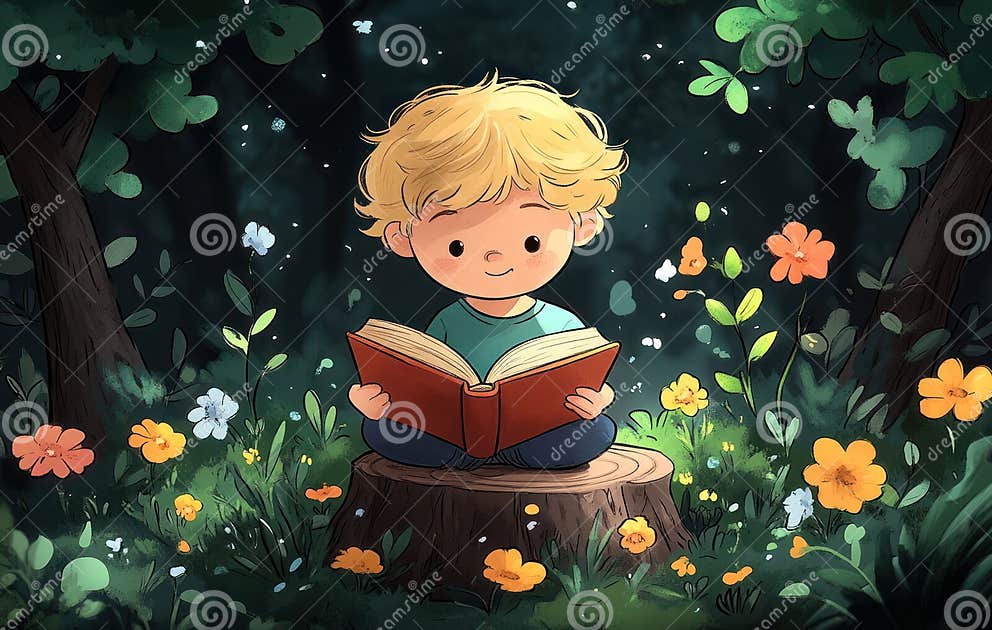 Boy Reading in the Forest Illustration Stock Illustration ...
