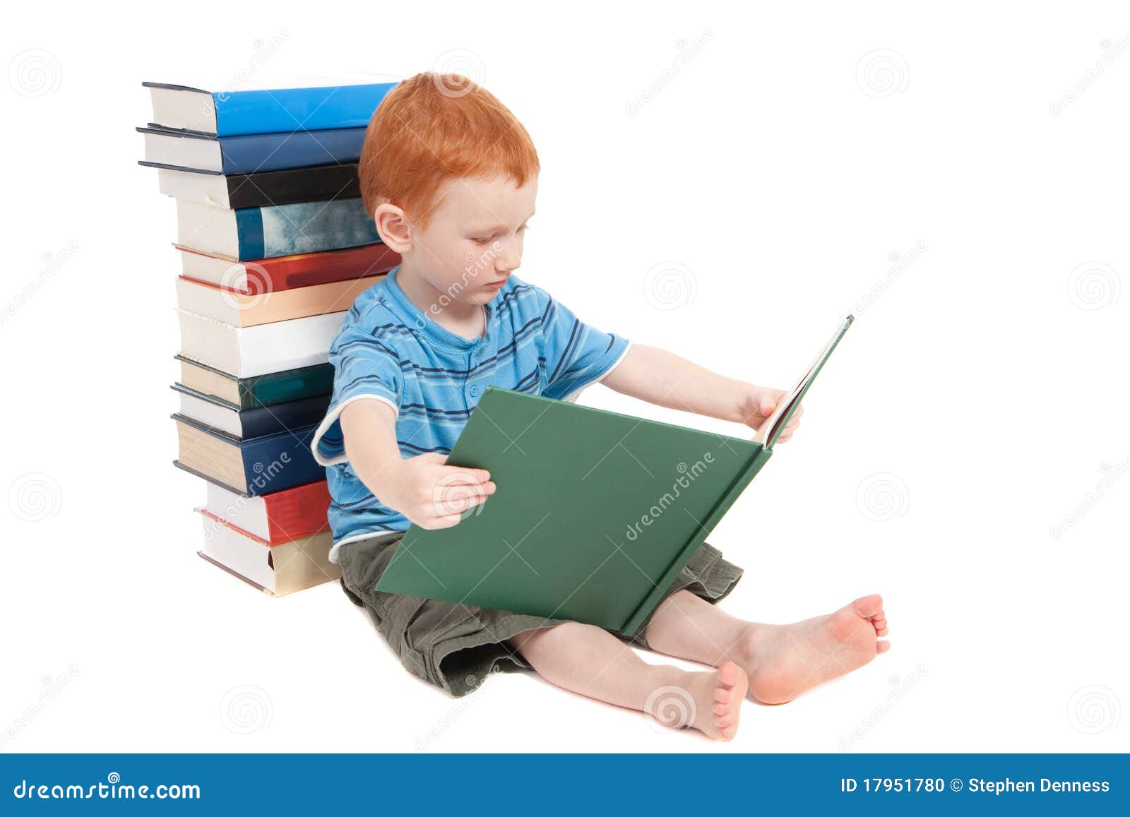 Boy Reading Kids Book and Leaning on Stacked Books Stock Photo - Image ...