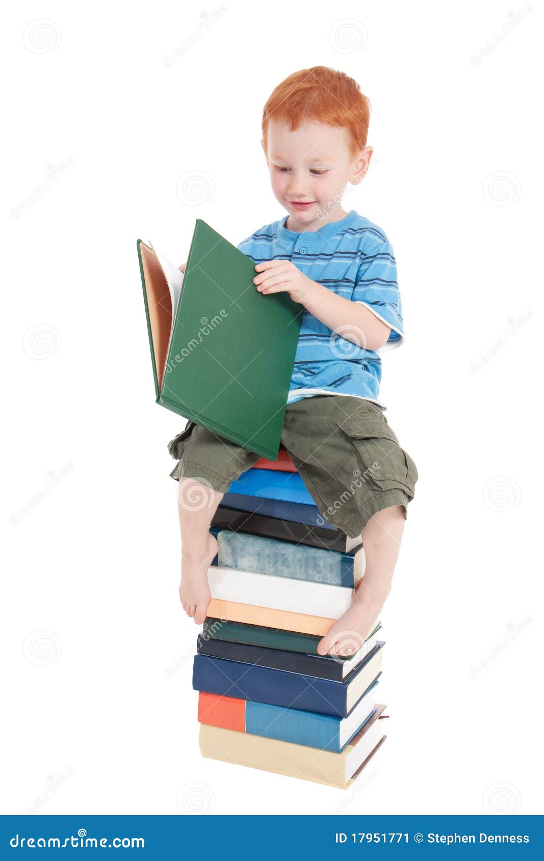 Boy Reading Kids Book on Stack of Books Stock Image - Image of school ...