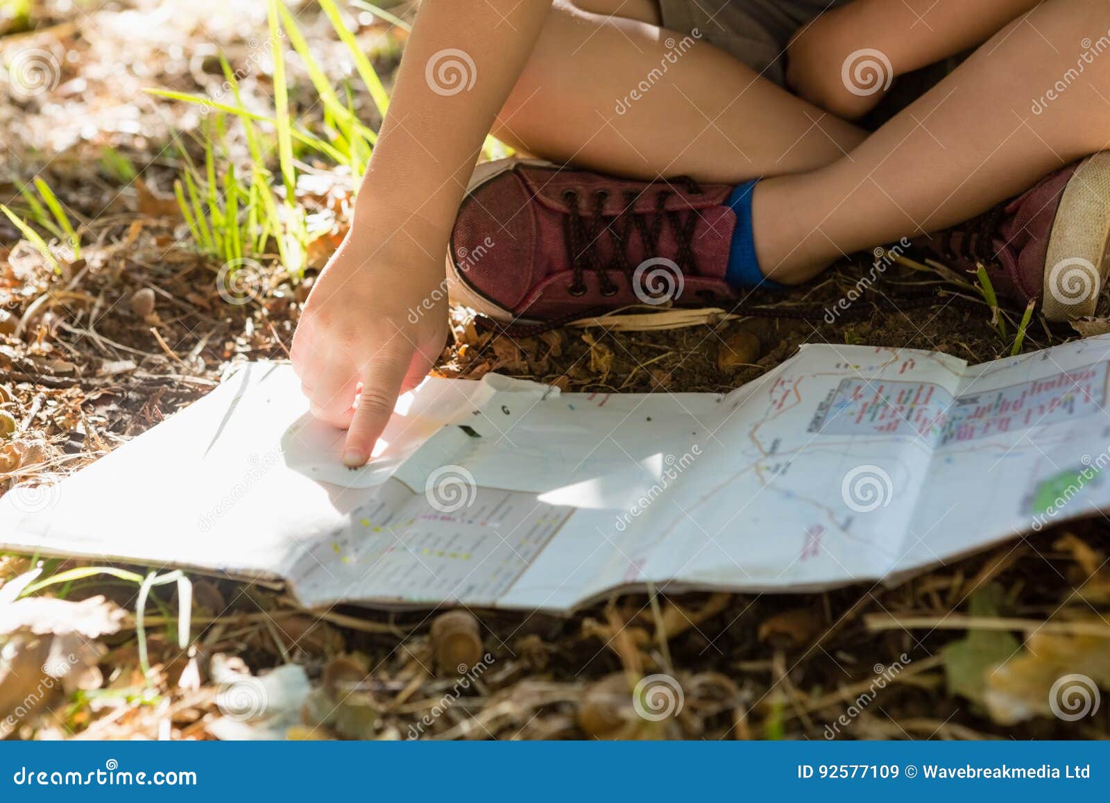 Boy Reading the Map in the Forest Stock Image - Image of hiker ...