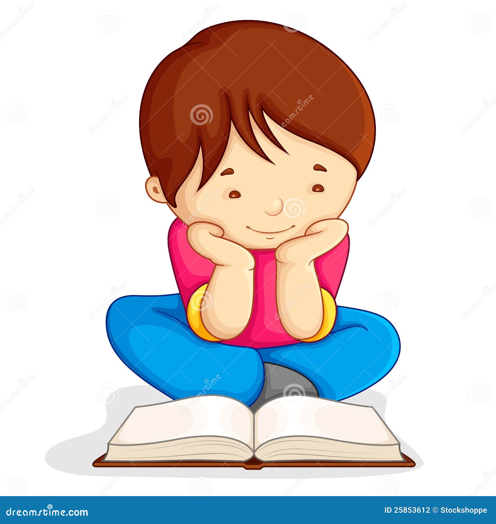 Kid Reading Open Story Book With Laugh Vector Illustration. Cartoon ...