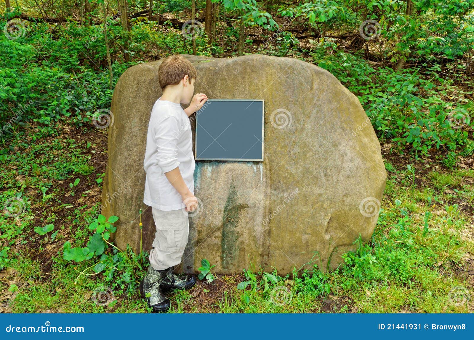 Boy Reading Sign on Boulder Stock Image - Image of people, sign: 21441931