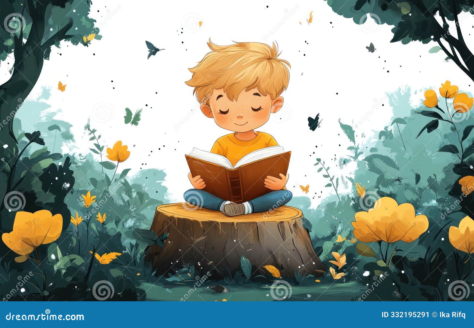 Boy Reading on a Tree Stump Illustration Stock Illustration ...