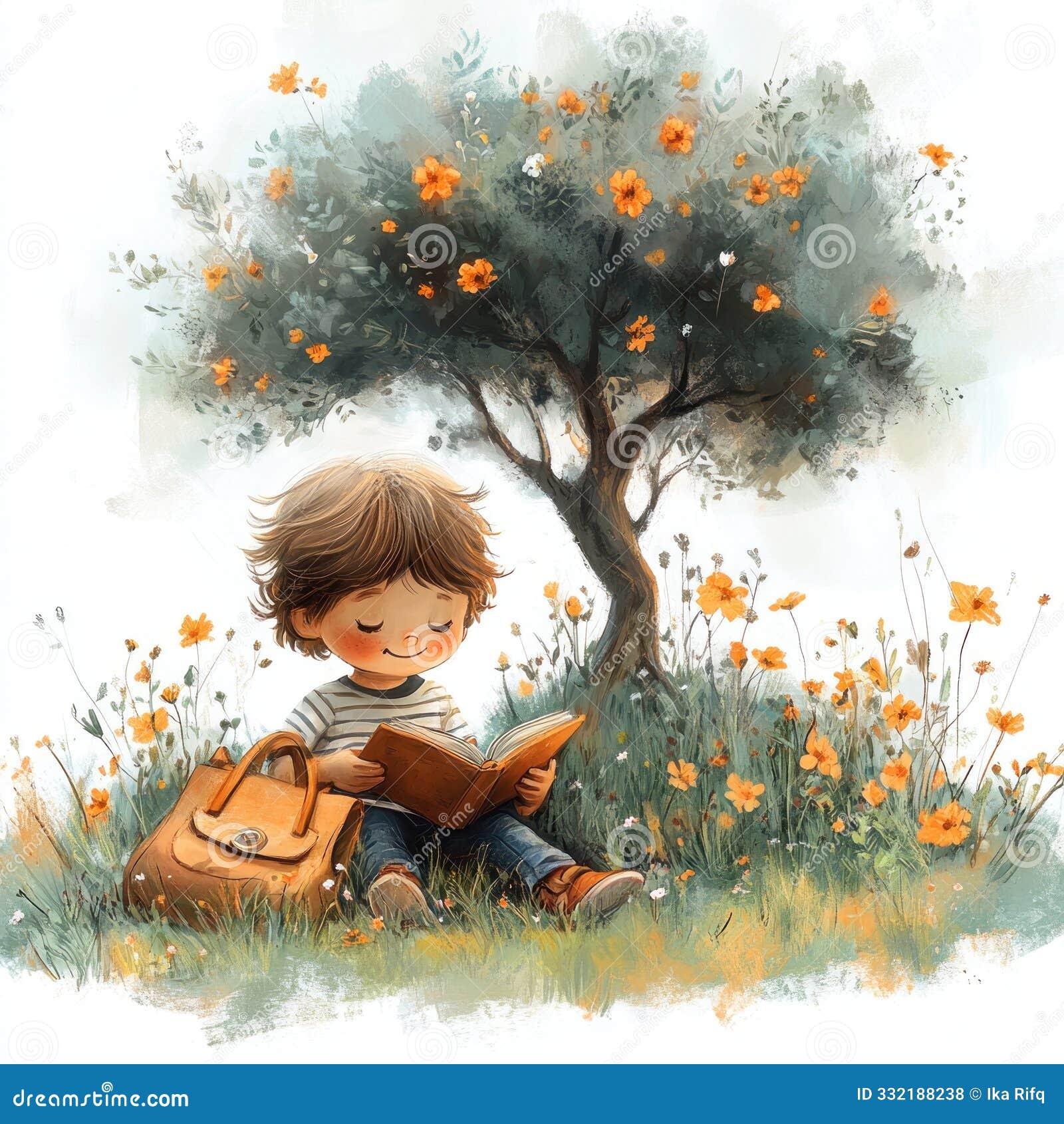Boy Reading Under Tree Illustration Stock Photo - Image of knowledge ...
