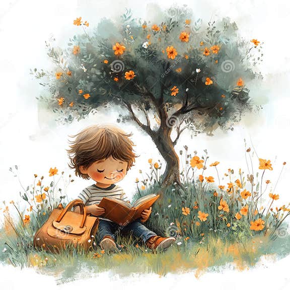 Boy Reading Under Tree Illustration Stock Photo - Image of knowledge ...