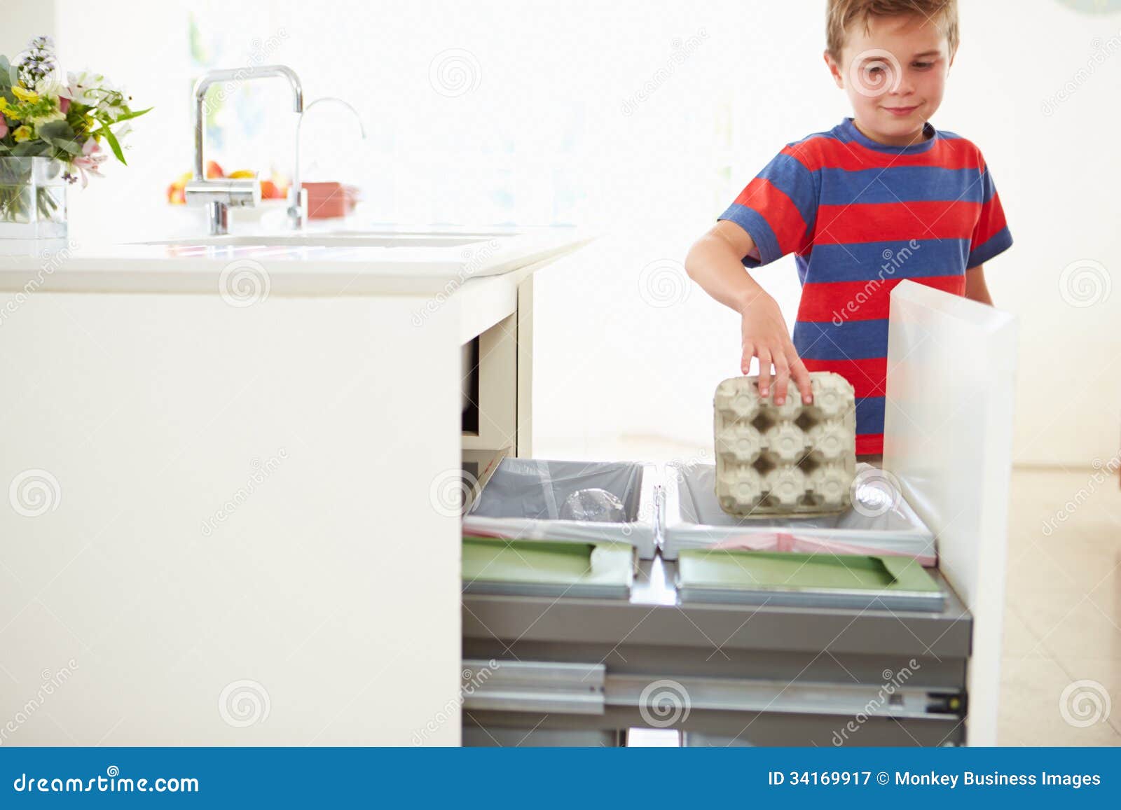 Boy Recycling Kitchen Waste in Bin Stock Image - Image of child, male ...