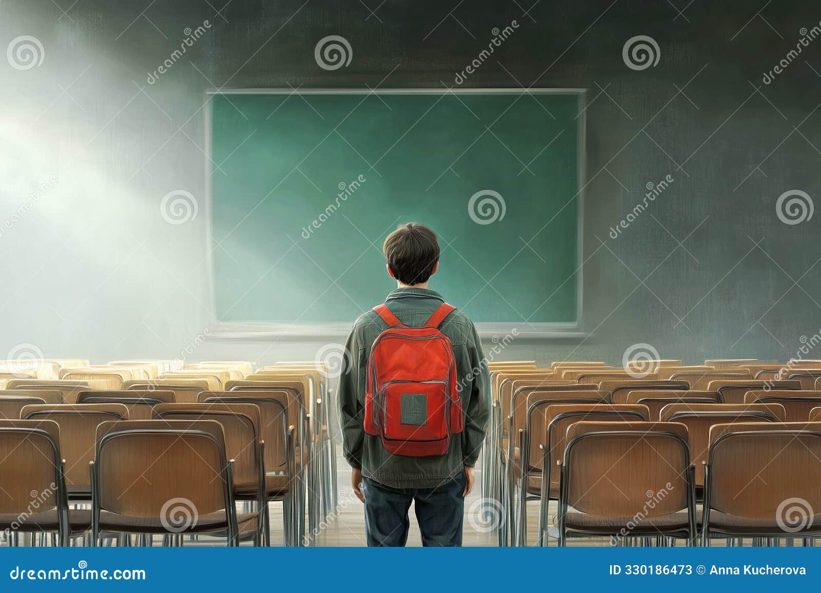 Boy with Red Backpack Standing in an Empty Classroom Stock Illustration ...