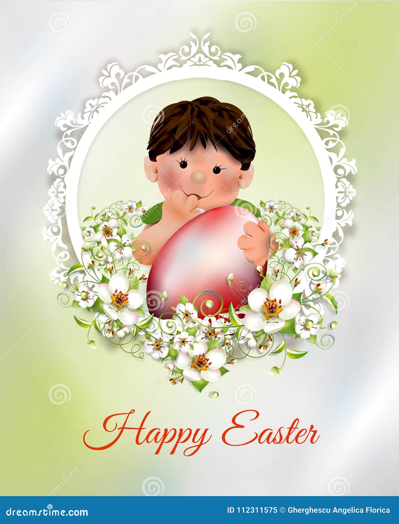 Boy with Red Easter Egg, Frame and Spring Flowers Stock Illustration ...