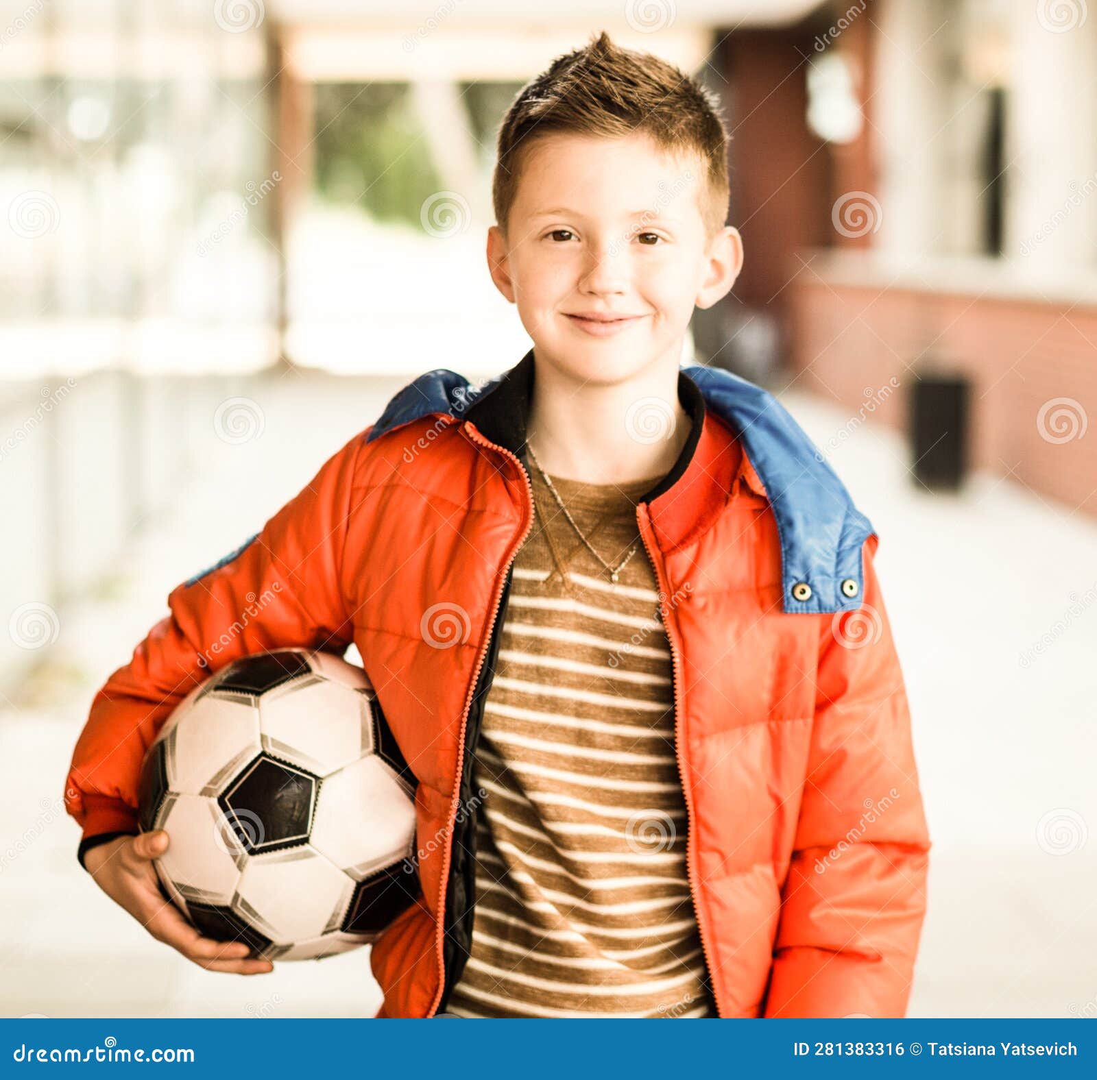 Boy in Red Jacket with Soccer Ball Stock Photo - Image of player ...