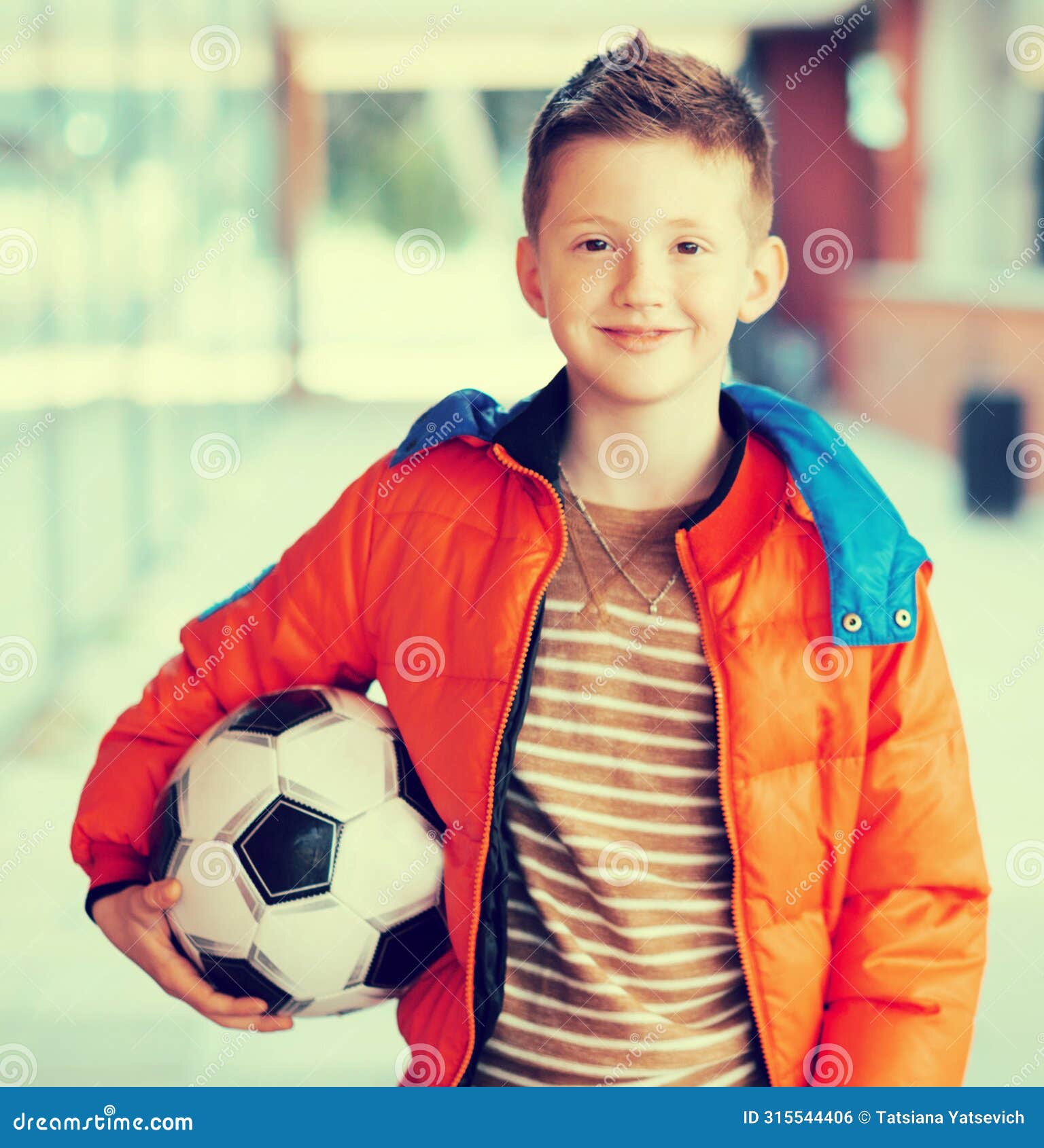 Boy in Red Jacket with Soccer Ball Stock Photo - Image of summer ...