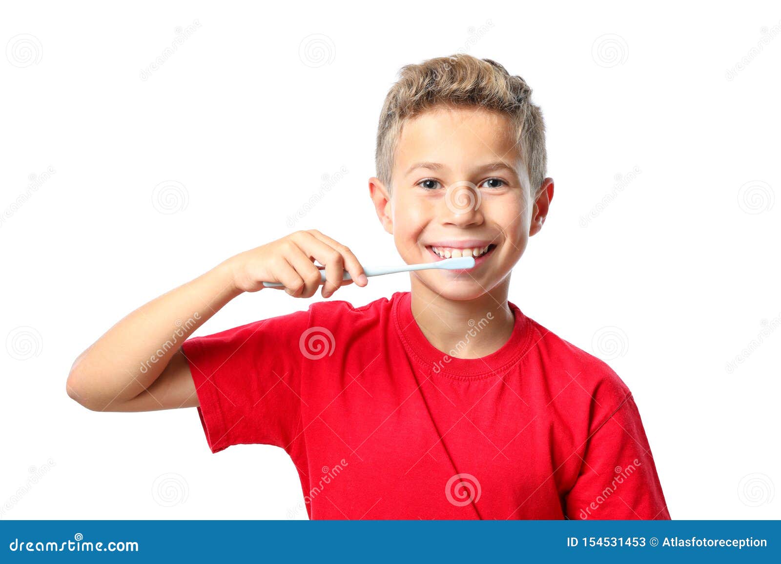 Boy in Red T-shirt with Toothbrush Isolated Stock Image - Image of face ...
