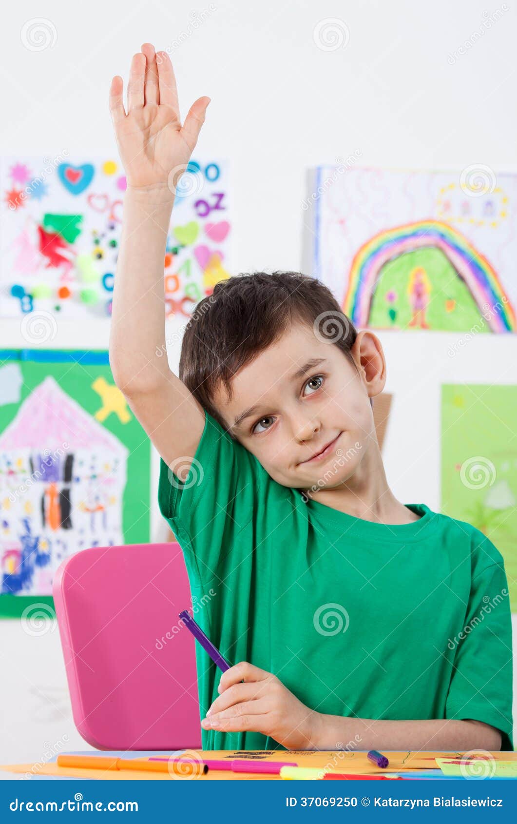 Boy reporting to answer stock photo. Image of happy, classroom - 37069250