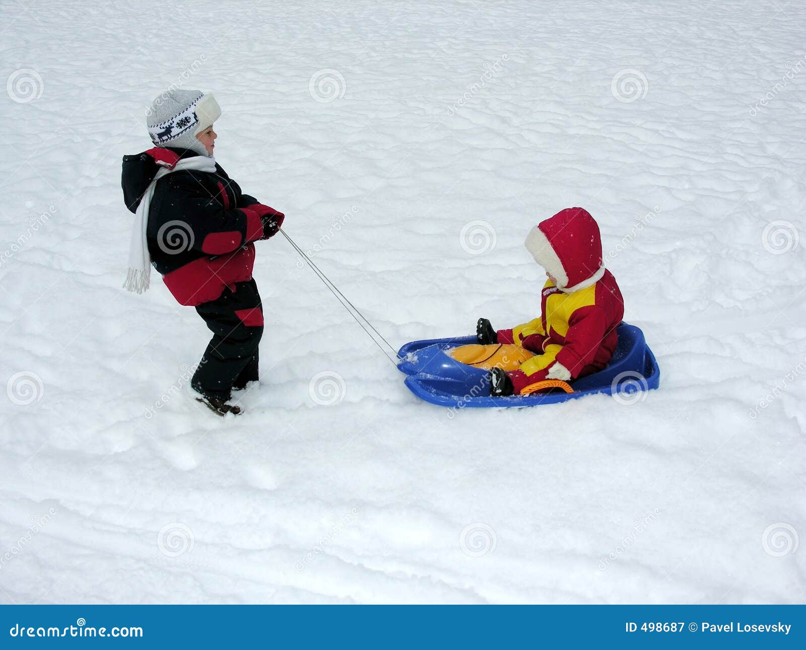 Boy ride baby on sled stock image. Image of ride, little - 498687