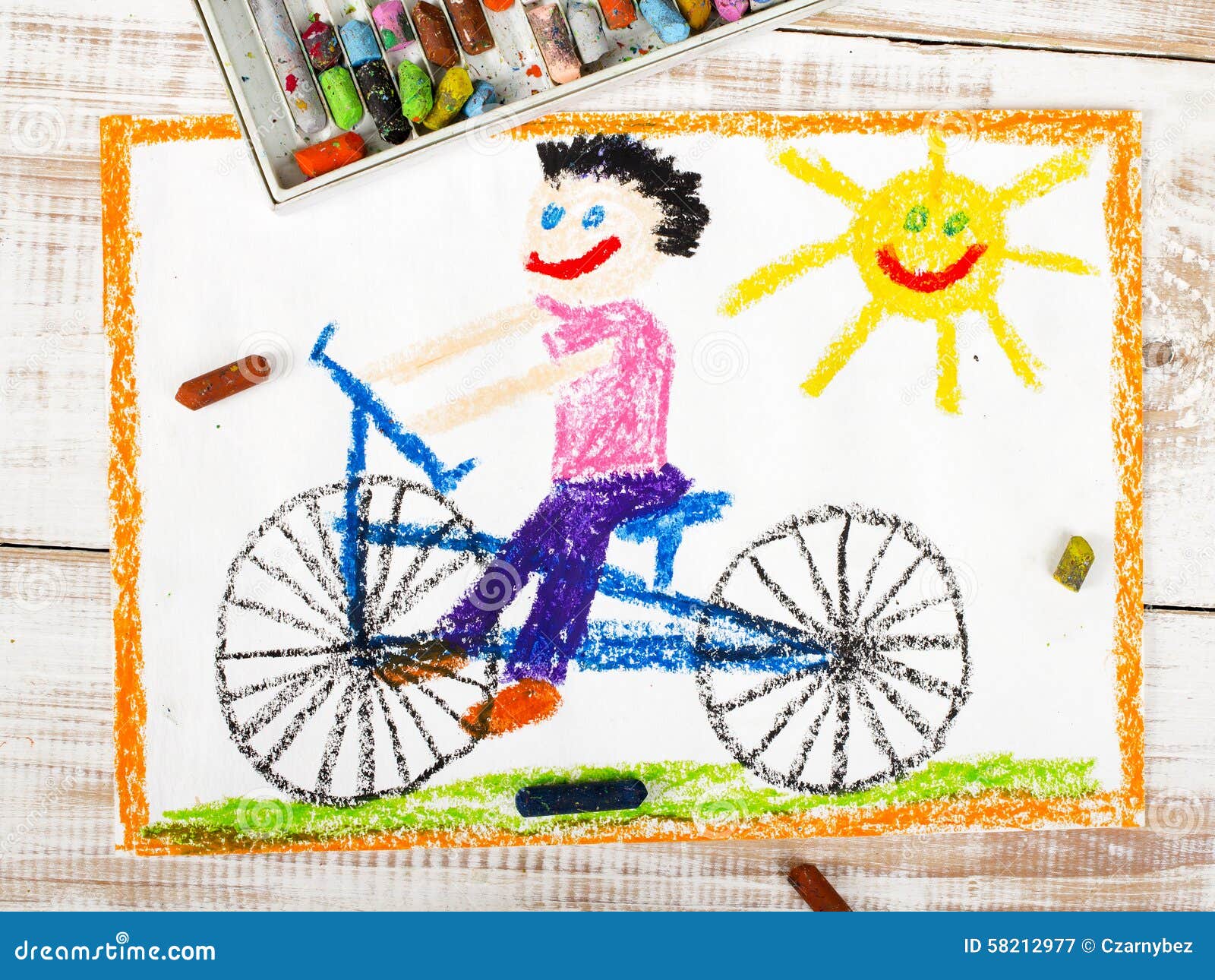 Boy riding bike stock illustration. Illustration of crayon - 58212977