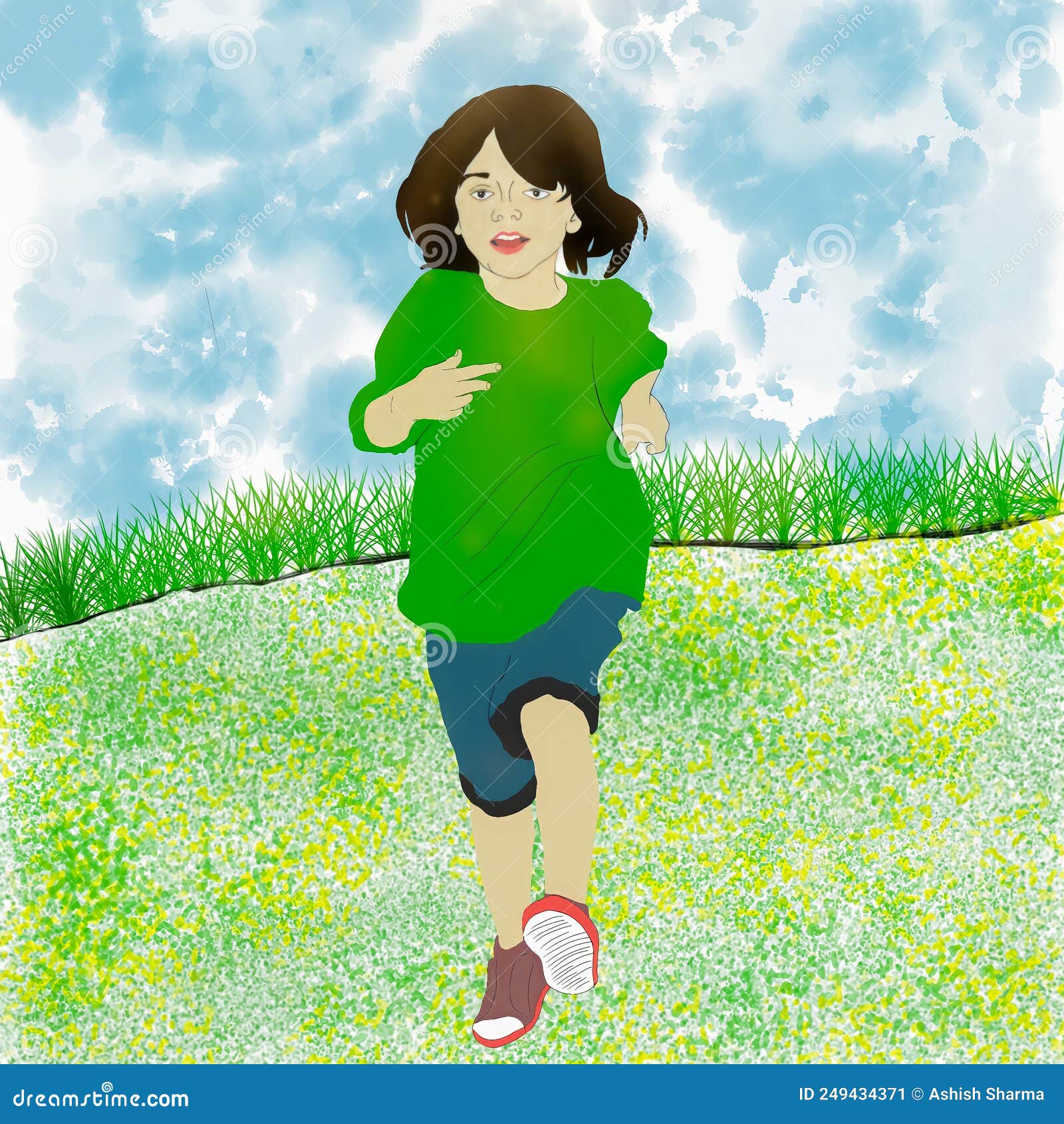 Boy Runing in a Field Illustration Stock Illustration - Illustration of ...