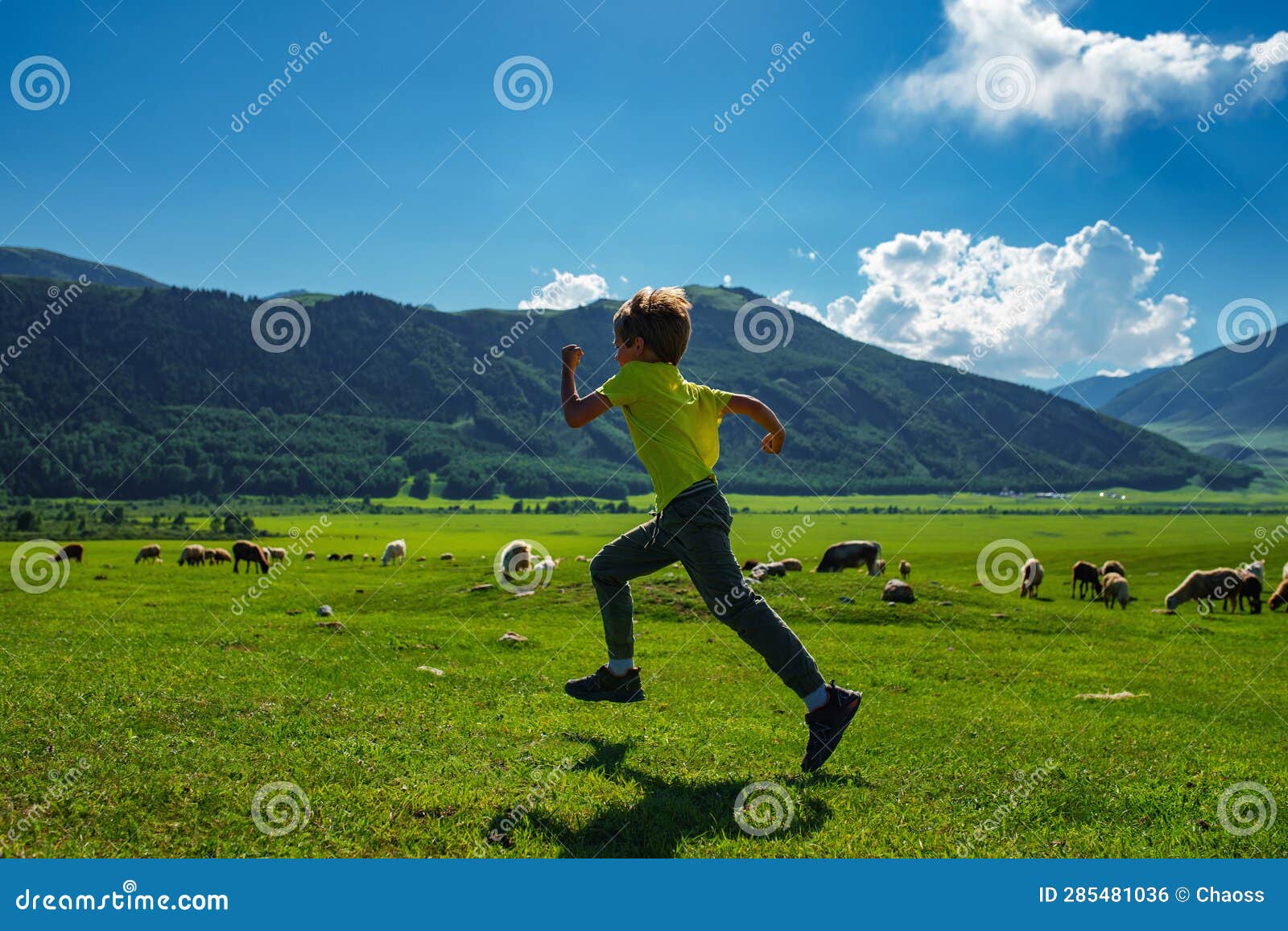 Boy Running Fast on Mountains and Meadow with Farm Animals Background ...
