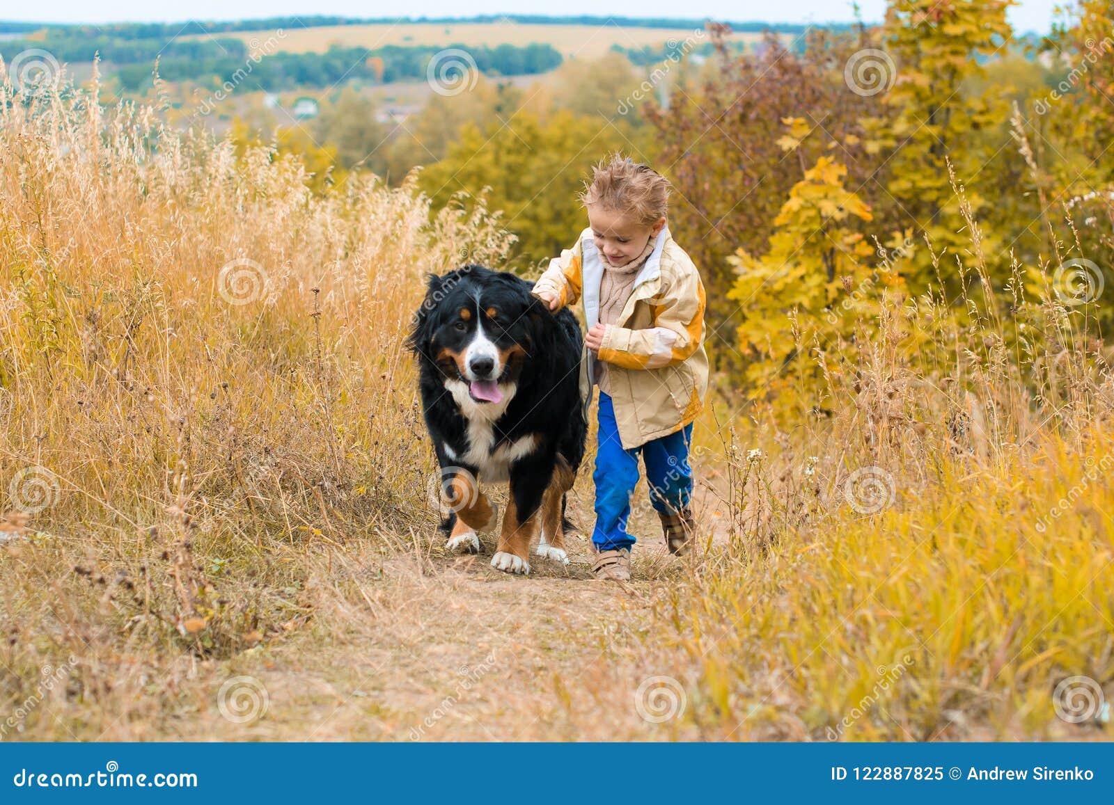 Boy Runs Around with Big Dog on Autumn Hills of Race Stock Image ... Boy Runs Around with Big Dog on Autumn Hills of Race Stock Image ...