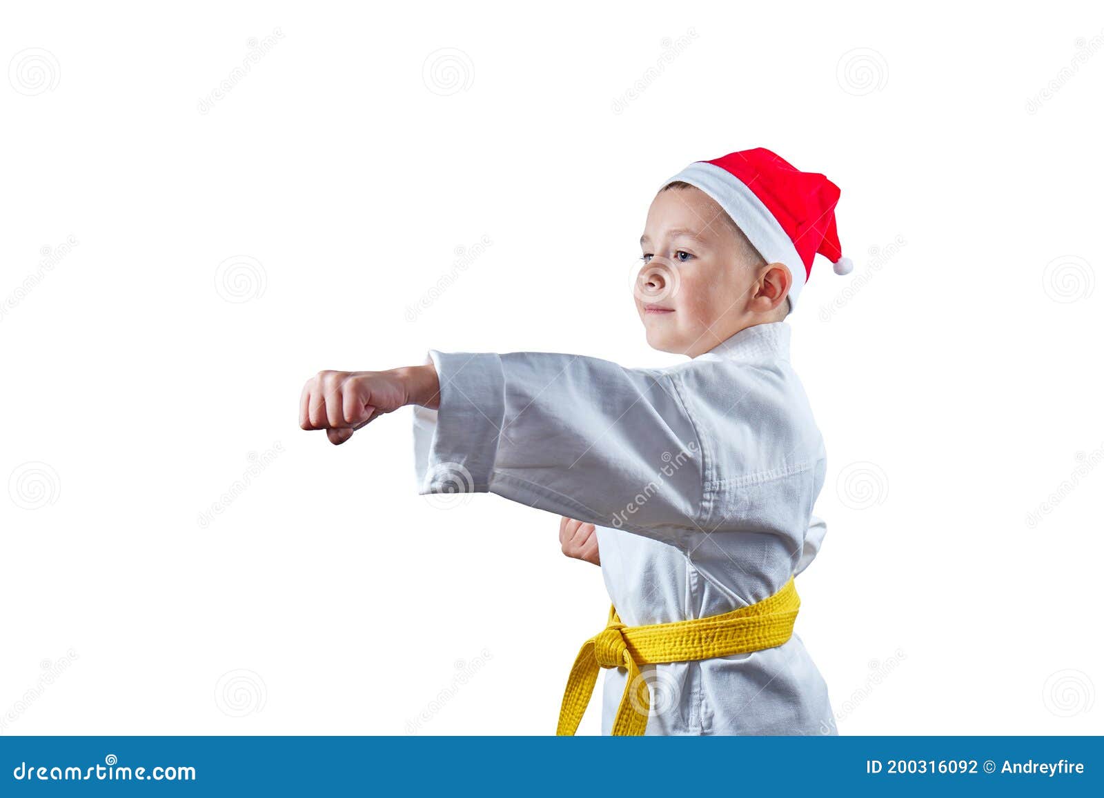 Boy in Santa Claus Hat Trains Hand Punch Stock Photo - Image of ...