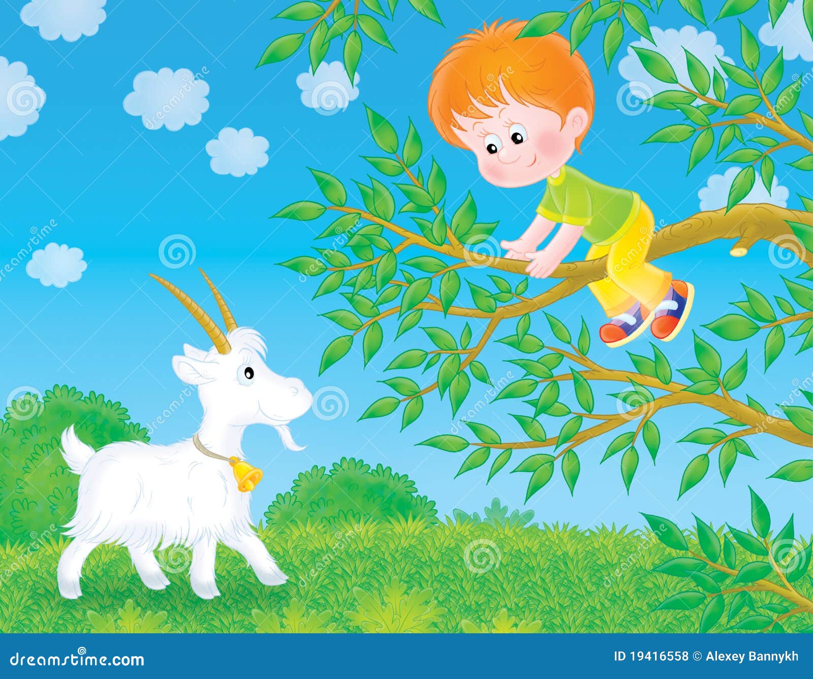 Boy Saves Oneself from a Goat Stock Illustration - Illustration of ...