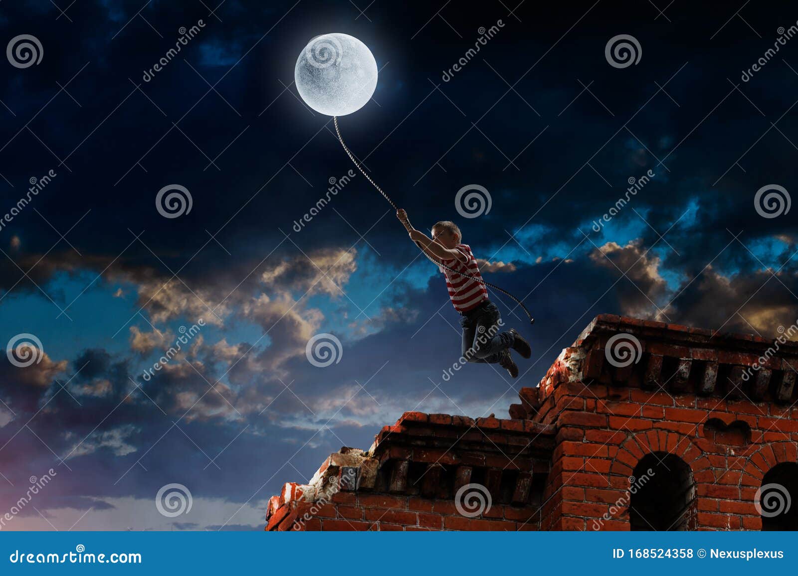 Kid Boy Catching Moon. Mixed Media Stock Photo - Image of adorable ...
