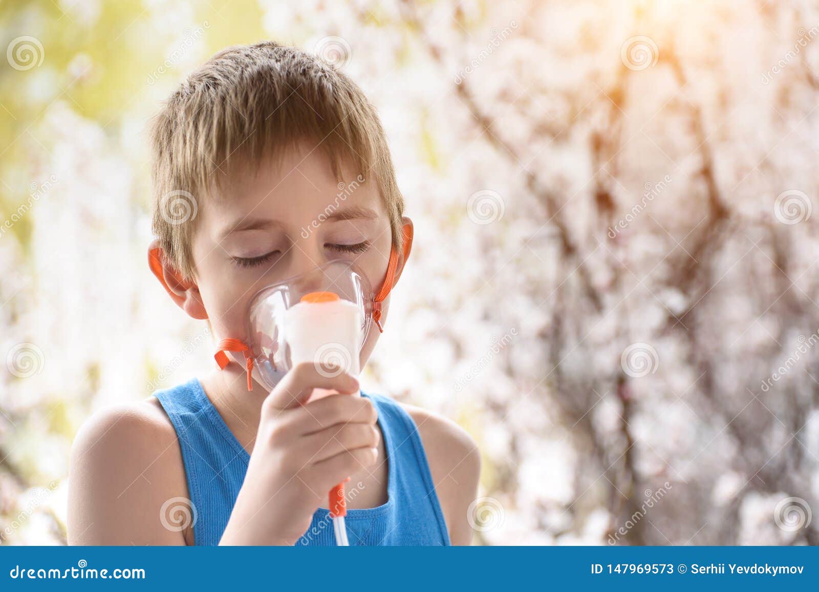 Boy of School Age Makes Inhalation at Home. Prevention Stock Image ...