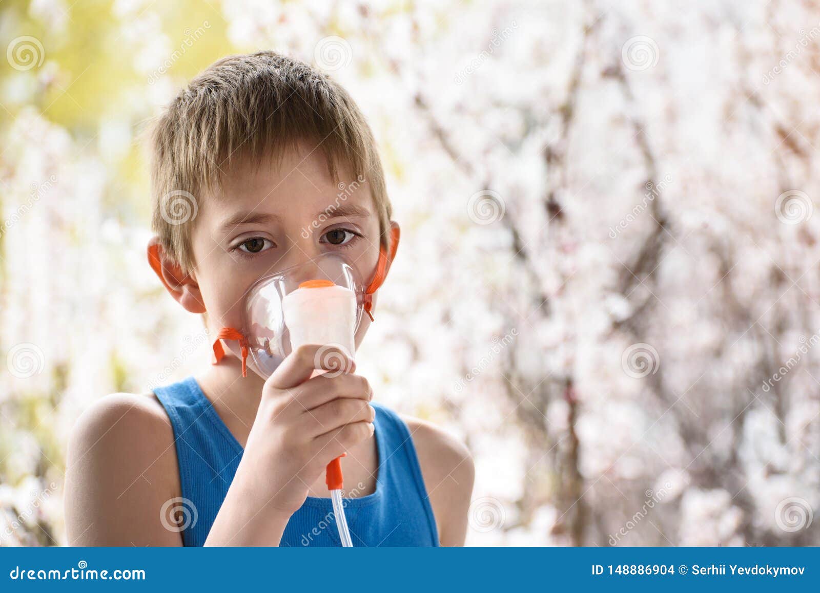 Boy of School Age Makes Inhalation at Home. Prevention Stock Photo ...