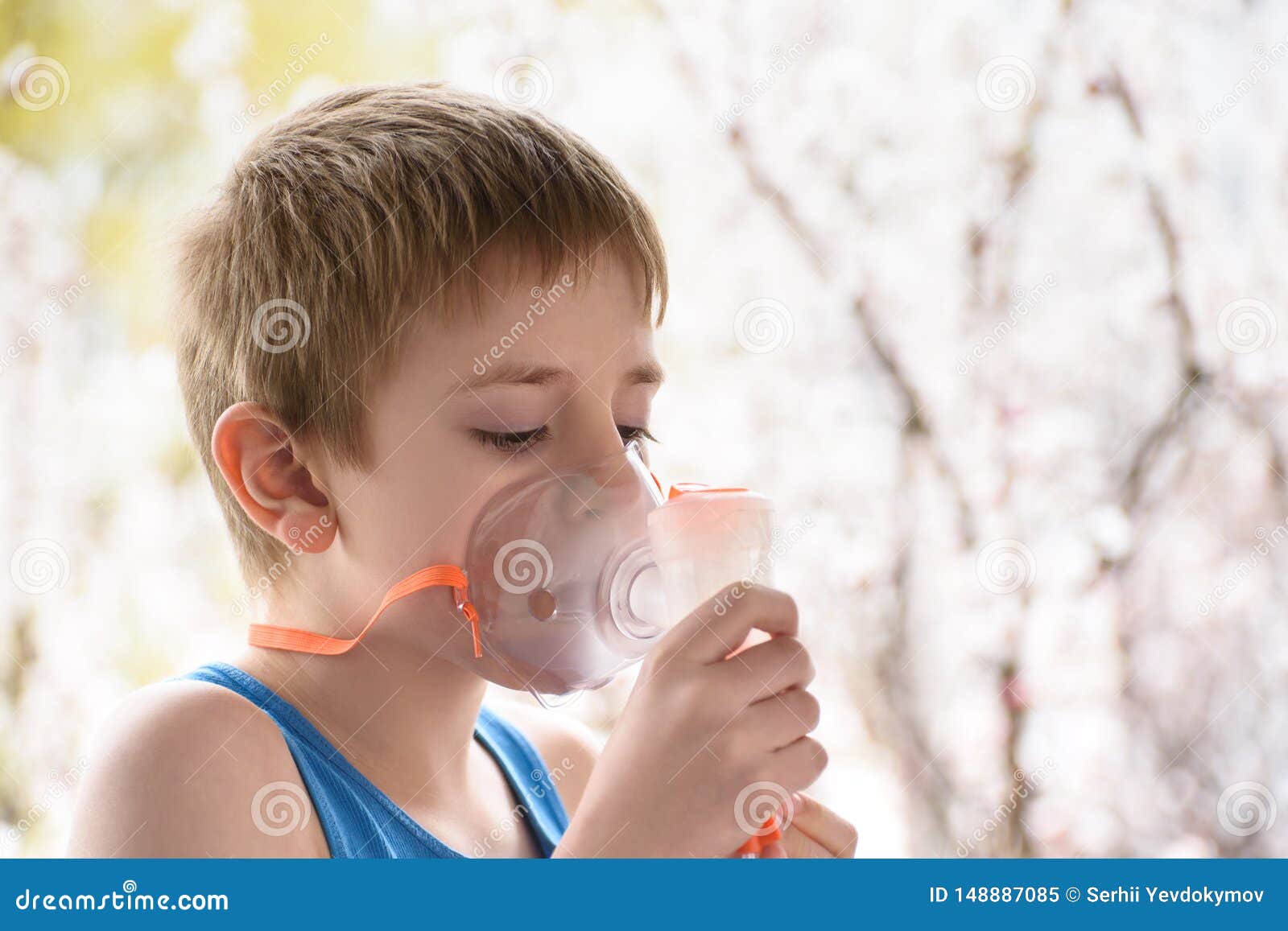 Boy of School Age Makes Inhalation at Home. Prevention Stock Image ...