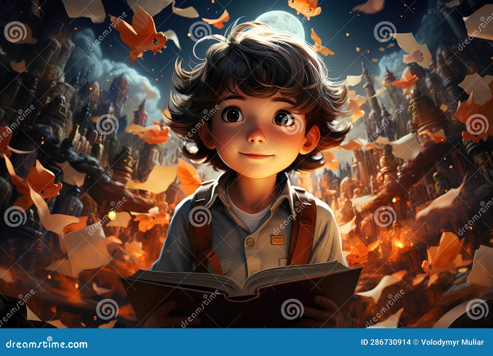 A Boy, a Schoolboy, is Reading a Book on an Abstract Background with ...
