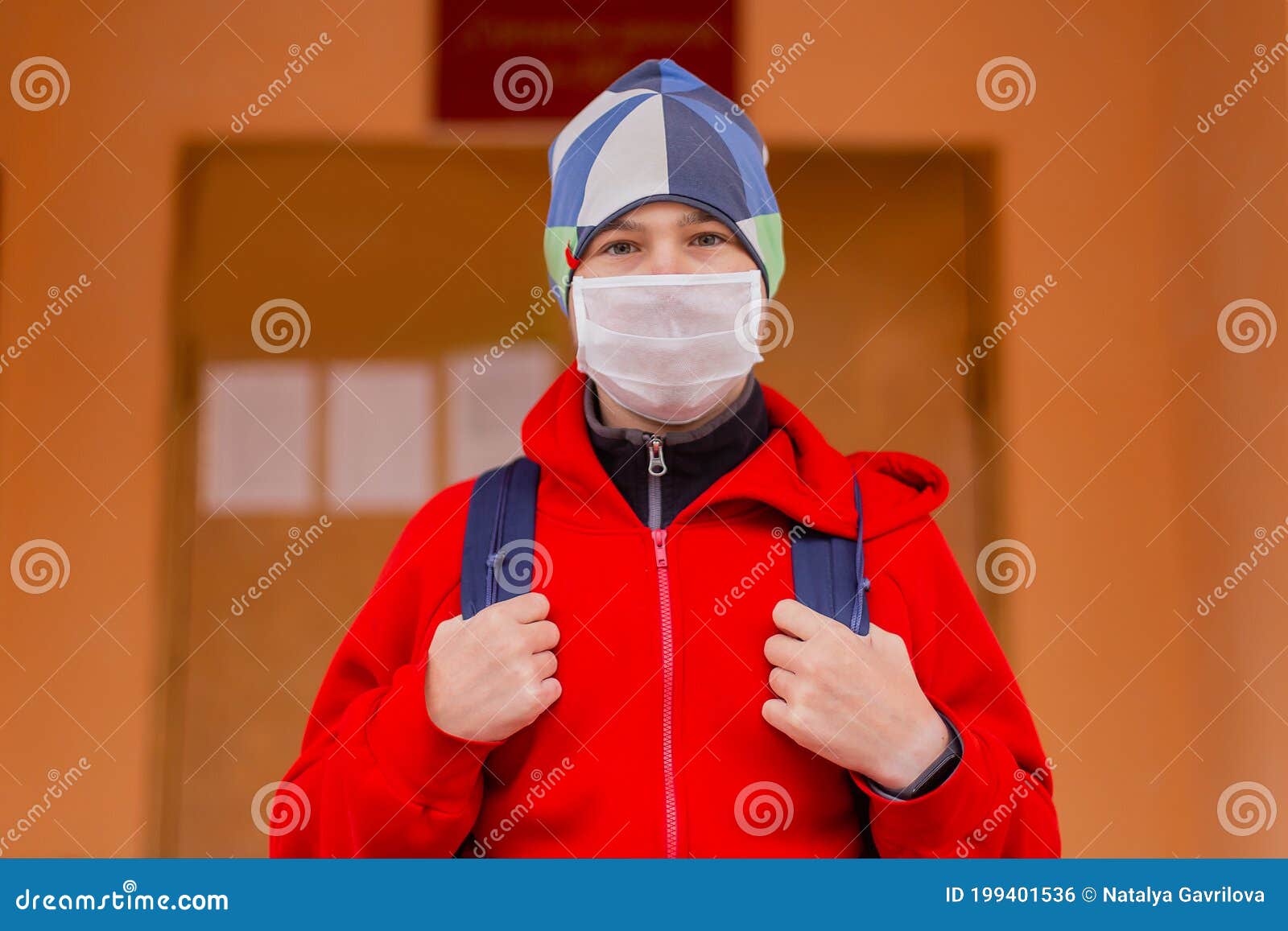 Boy Schoolboy Walks Out of School Wearing Protective Mask Stock Photo ... Boy Schoolboy Walks Out of School Wearing Protective Mask Stock Photo ...