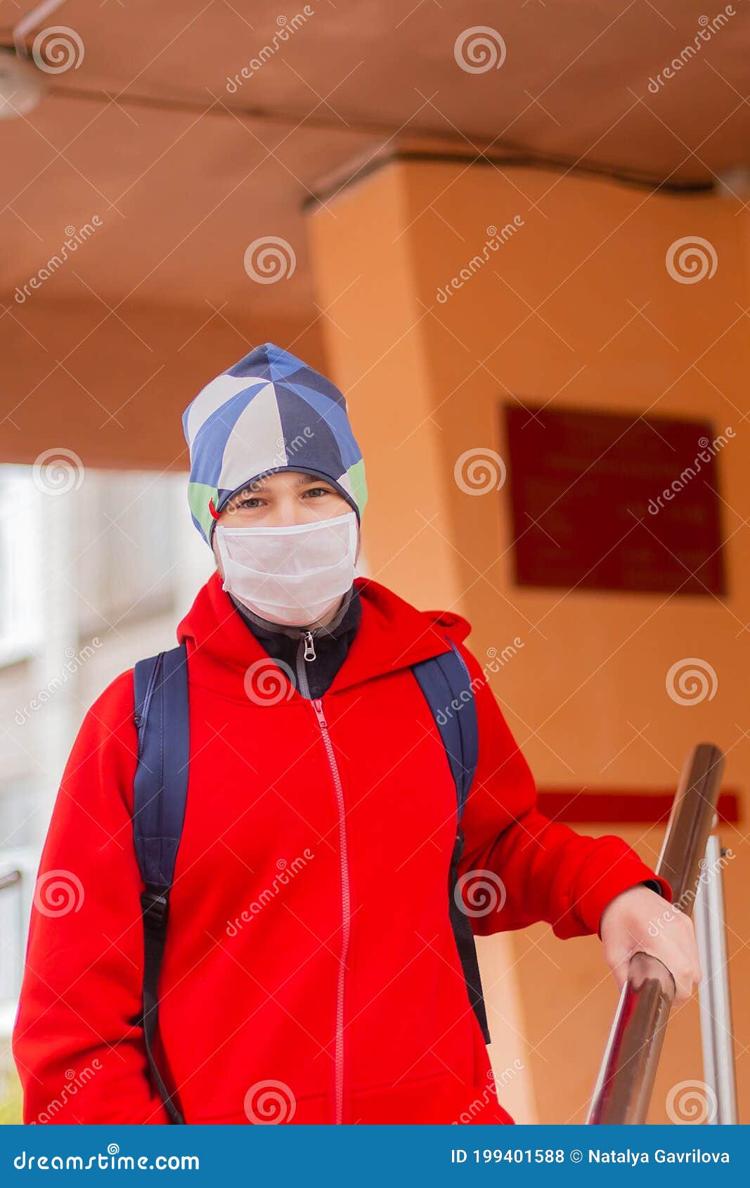Boy Schoolboy Walks Out of School Wearing Protective Mask Stock Photo ... Boy Schoolboy Walks Out of School Wearing Protective Mask Stock Photo ...