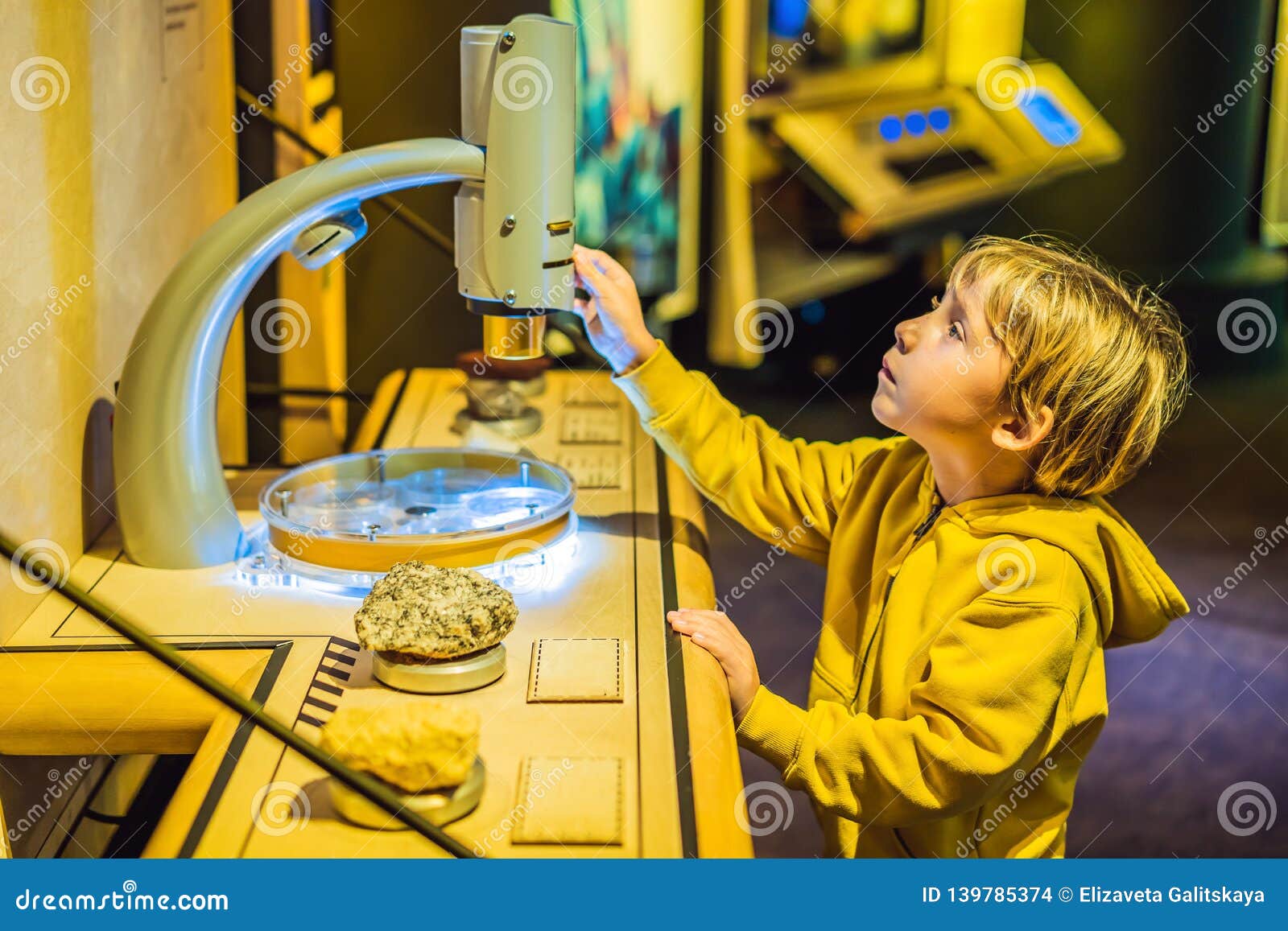 Boy in Science Class with Electron Microscope Stock Photo - Image of ...