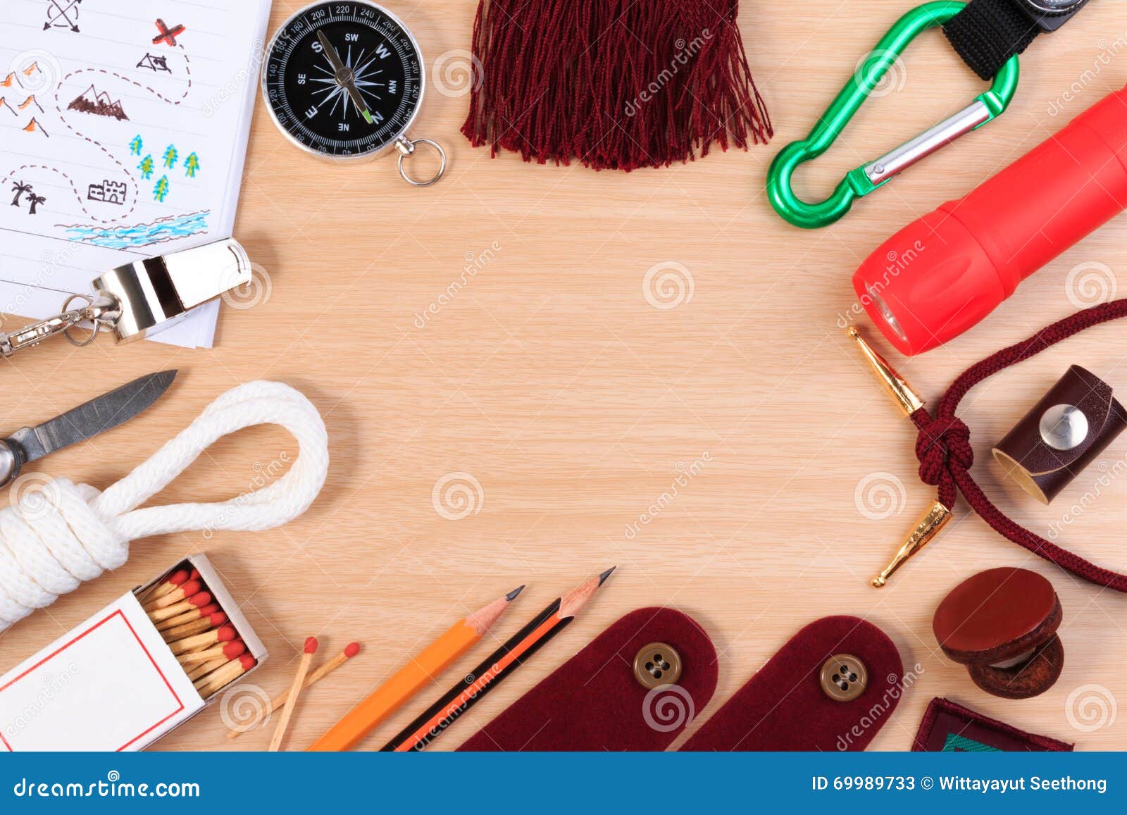 Boy Scout with Camping Tourist Object Set. Stock Image - Image of knife ...