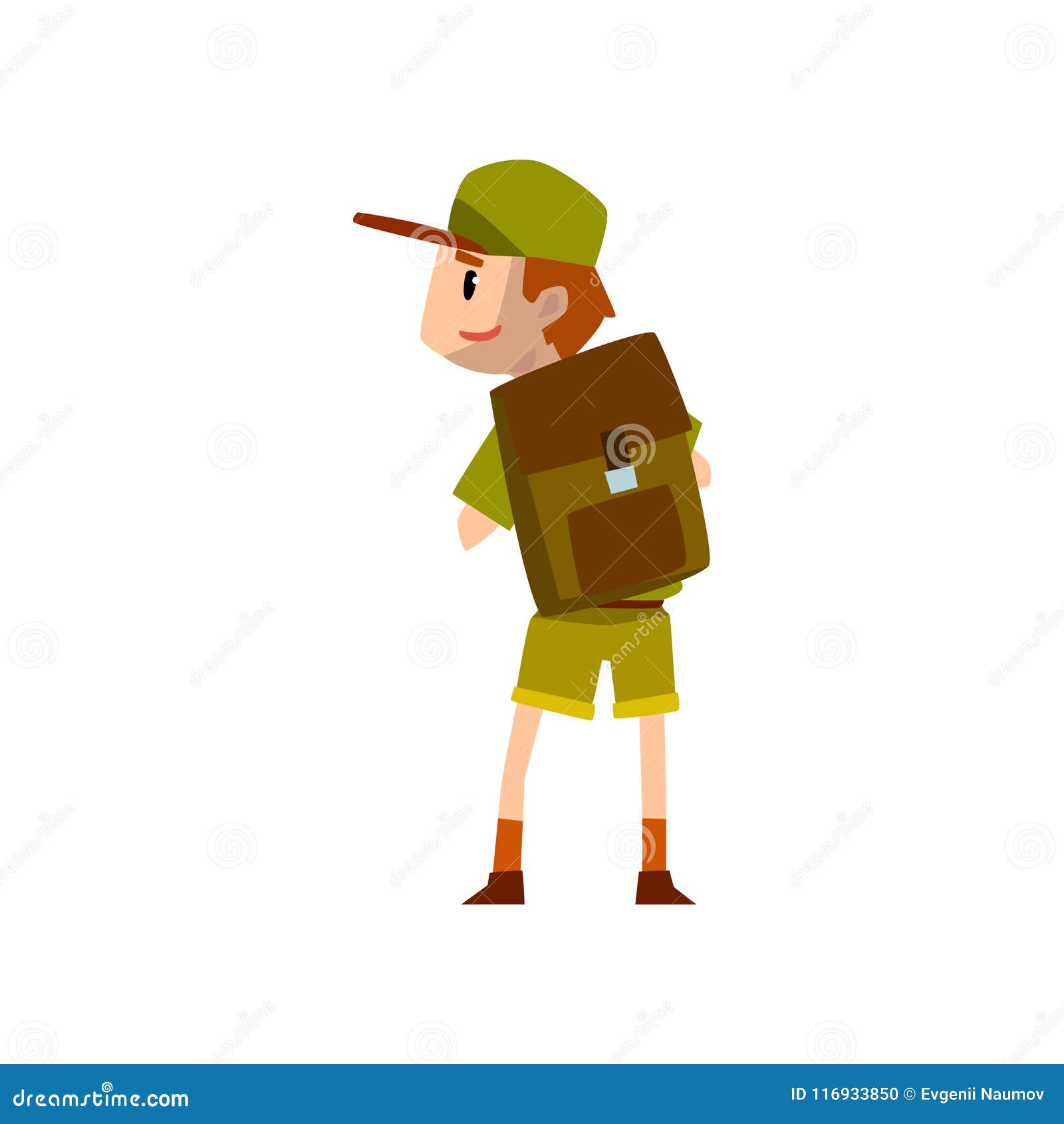 Boy Scout Character In Uniform Standing With Backpack Vector ...