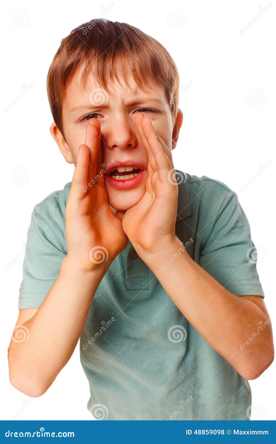 Boy Screaming at the Mouth, Hands Isolated White Stock Photo - Image of ...