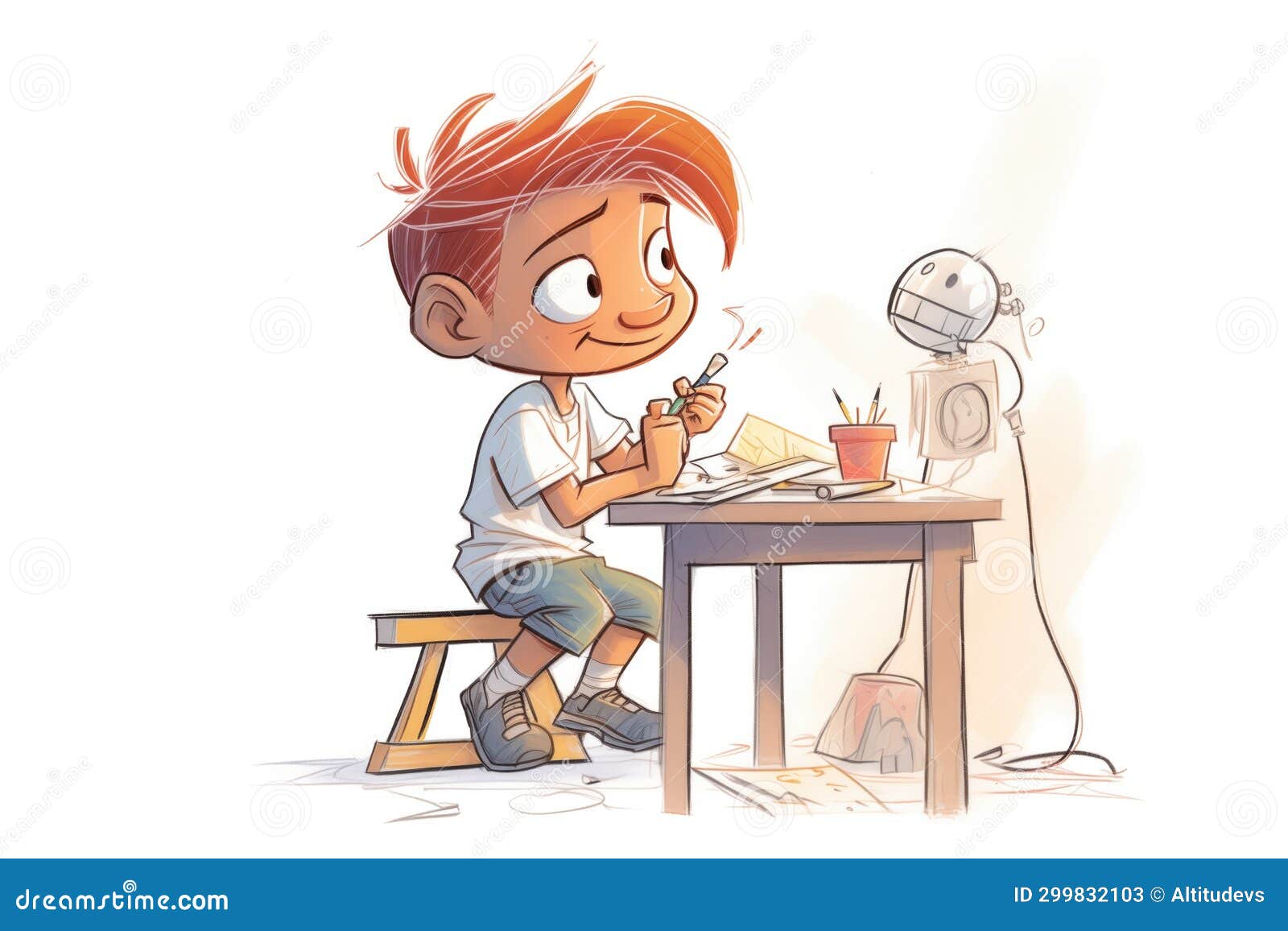 Boy Scrutinizing His Pencil Sketch Critically Stock Image - Image of ...