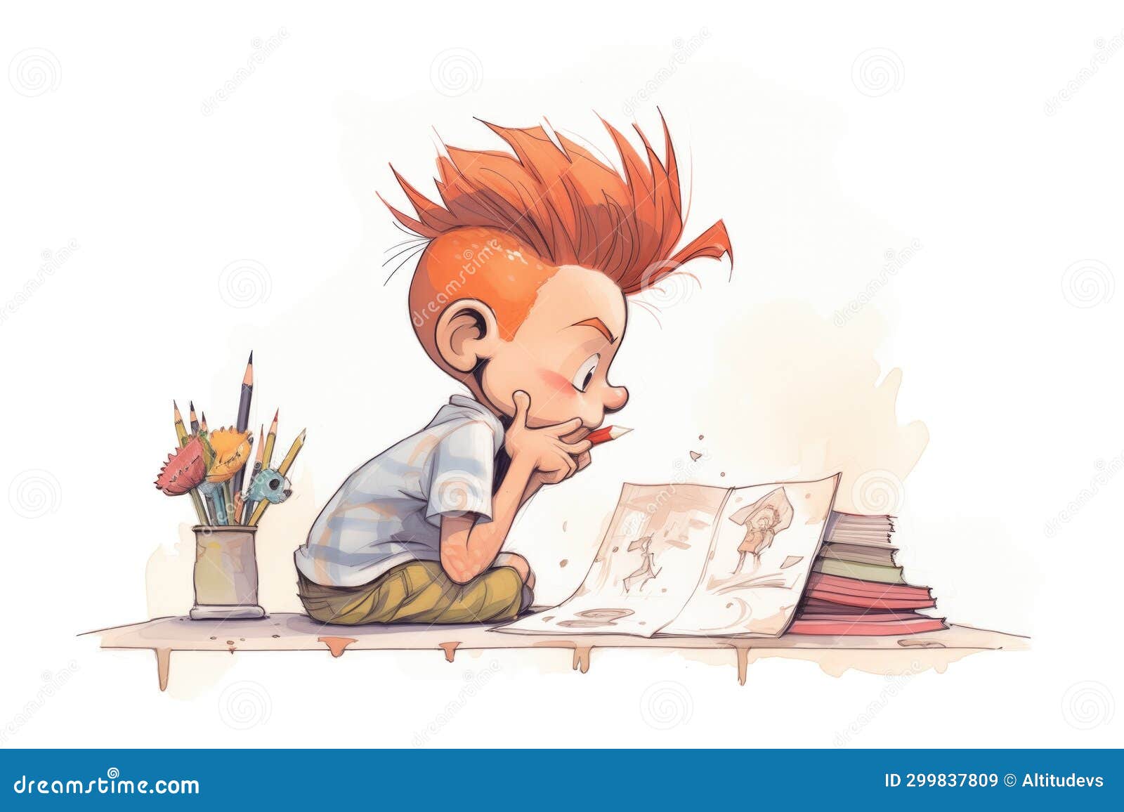 Boy Scrutinizing His Pencil Sketch Critically Stock Image - Image of ...
