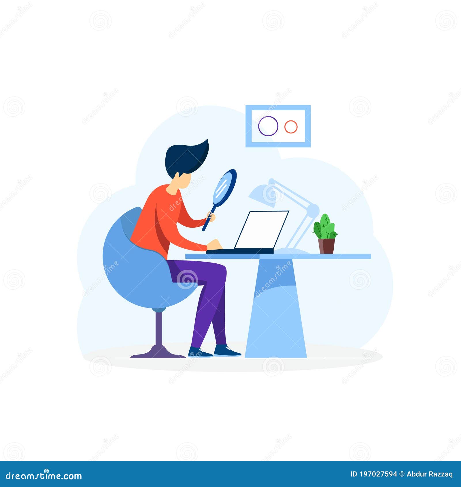 Boy Searching File with Magnifying Glass in Computer, a Boy Working on ...