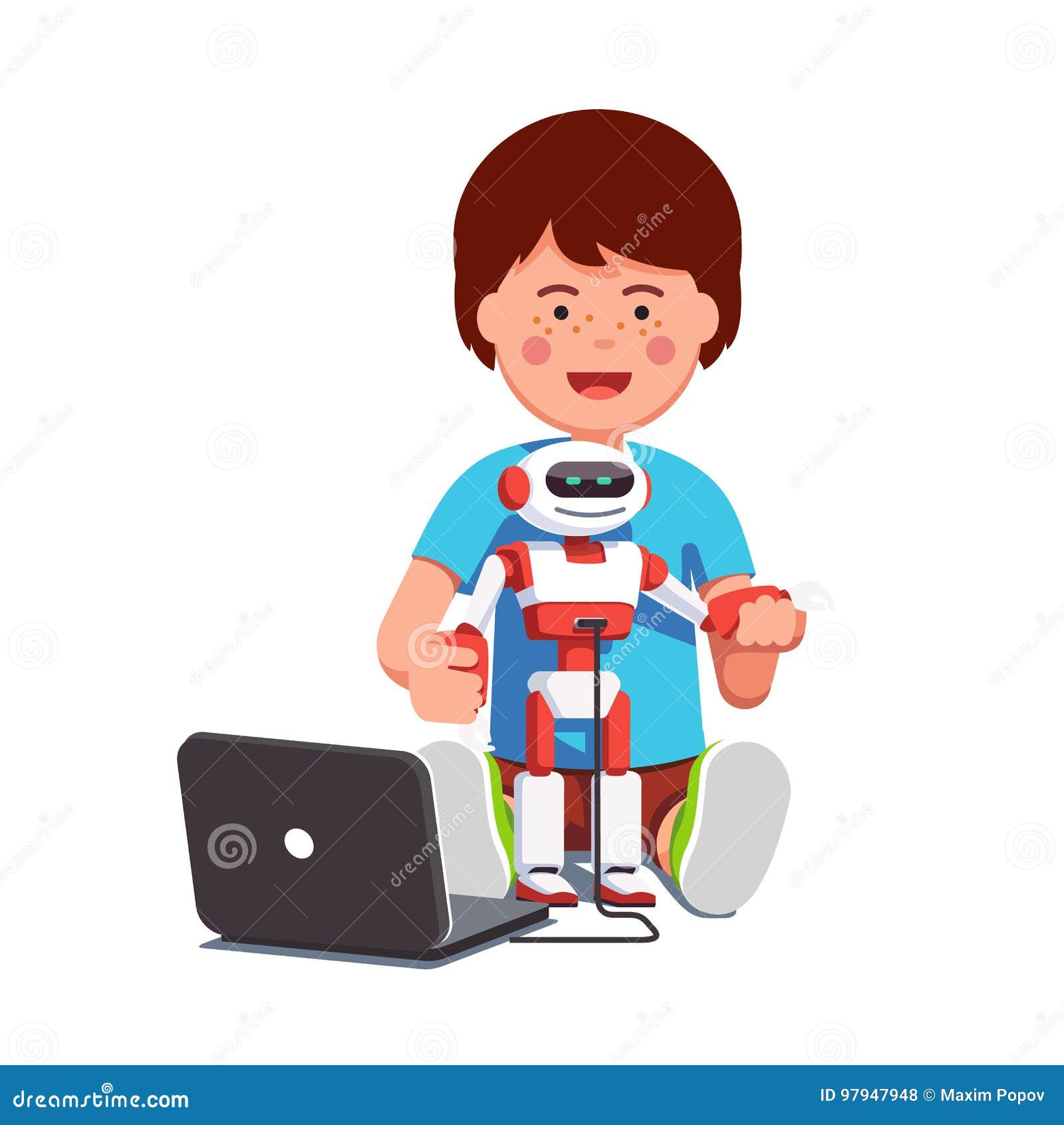 Boy Setting Up, Configuring, Programming Modern Humanoid Robot ...