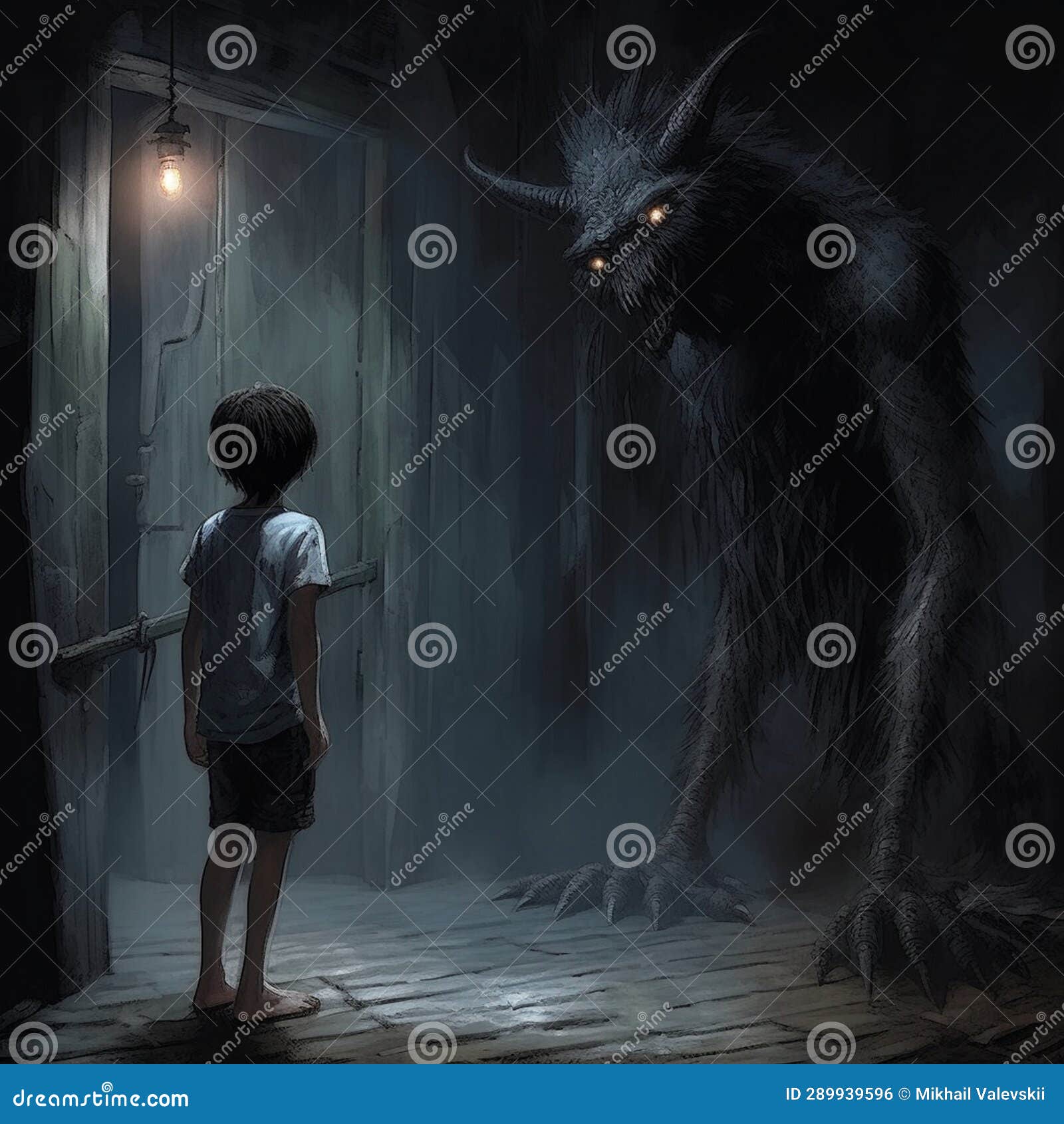 Boy and Shadow Monster Horror Illustration Stock Illustration ...