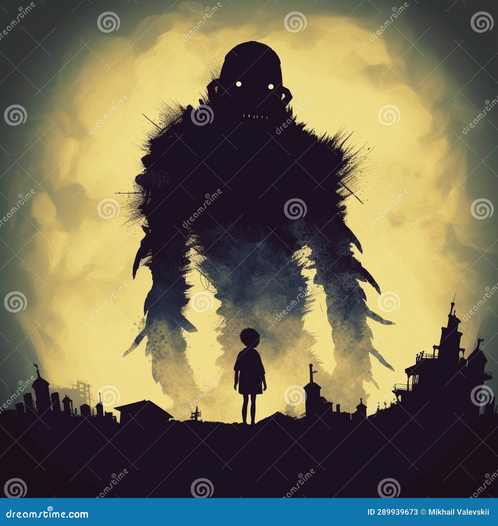 Boy and Shadow Monster Horror Illustration Stock Illustration ...