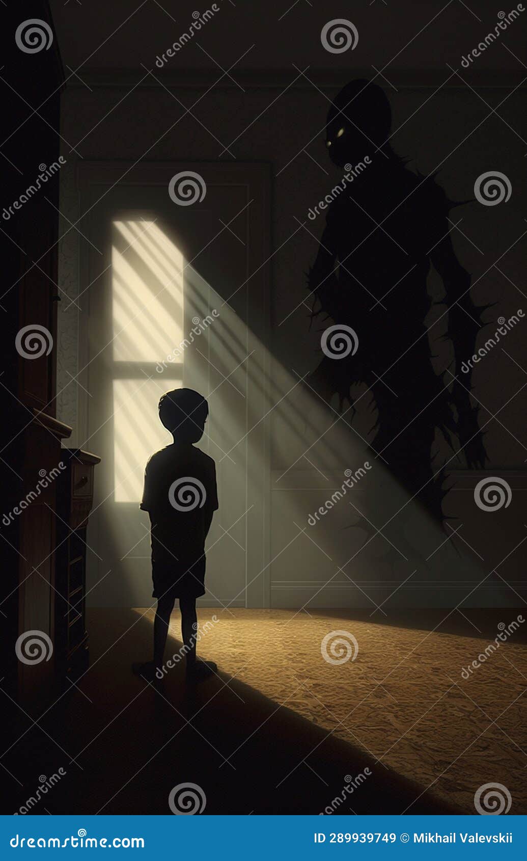 Boy and Shadow Monster Horror Illustration Stock Illustration ...