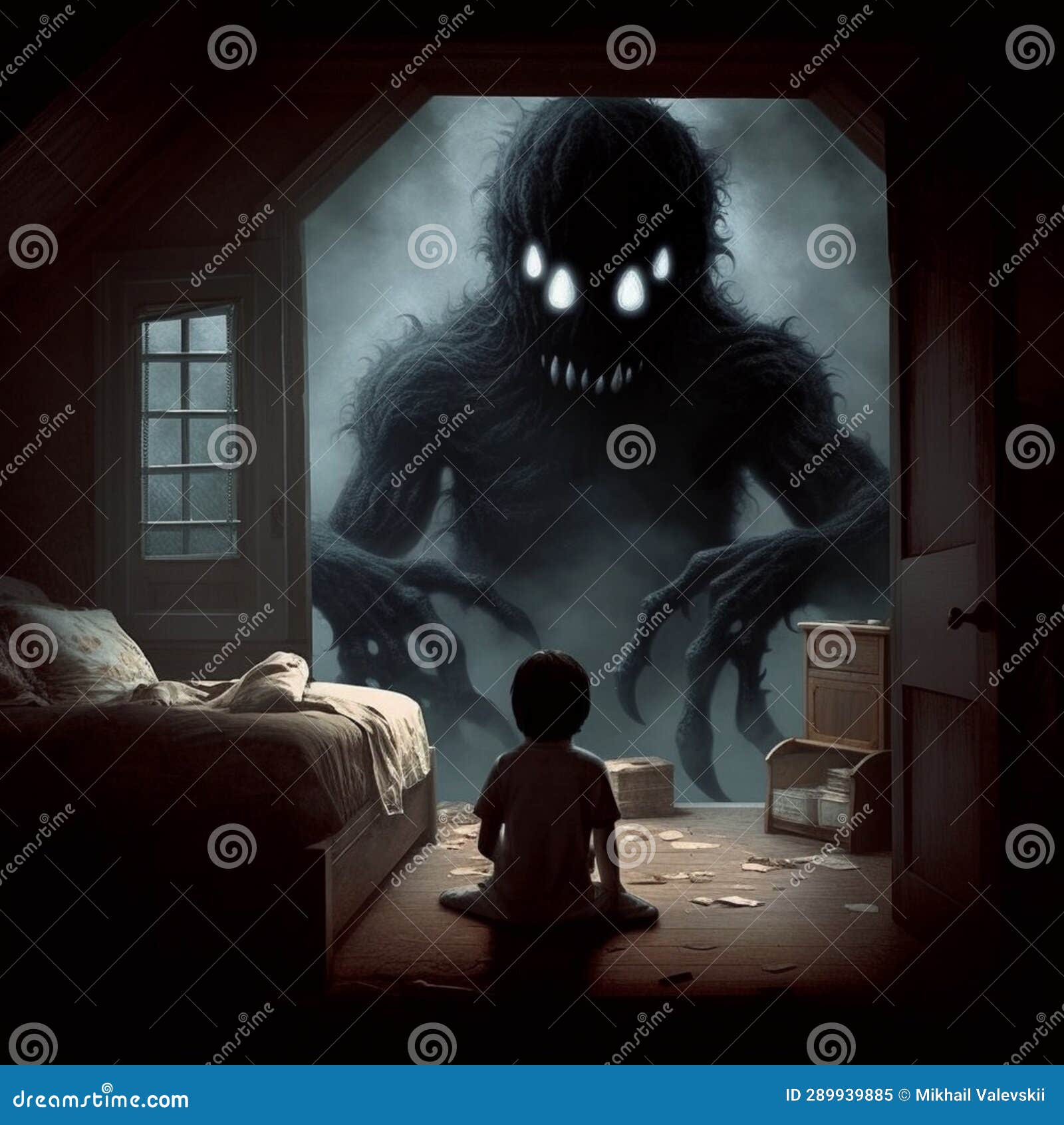 Boy and Shadow Monster Horror Illustration Stock Illustration ...