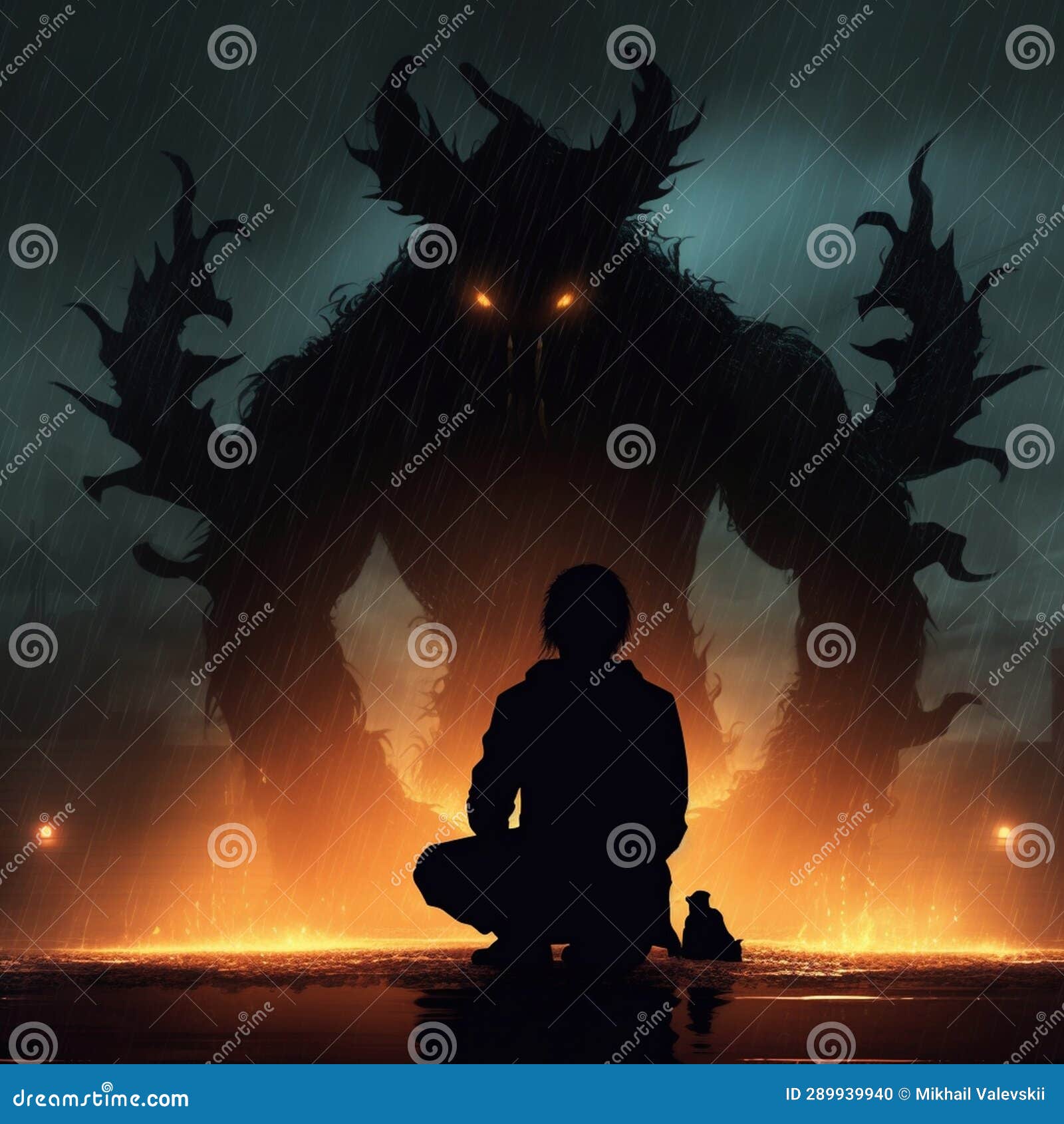Boy and Shadow Monster Horror Illustration Stock Illustration ...