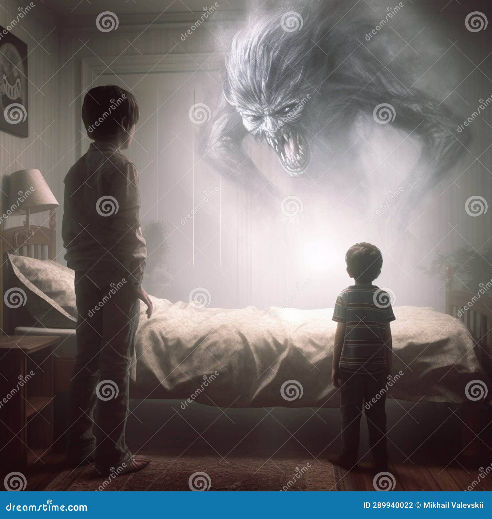 Boy and Shadow Monster Horror Illustration Stock Illustration ...