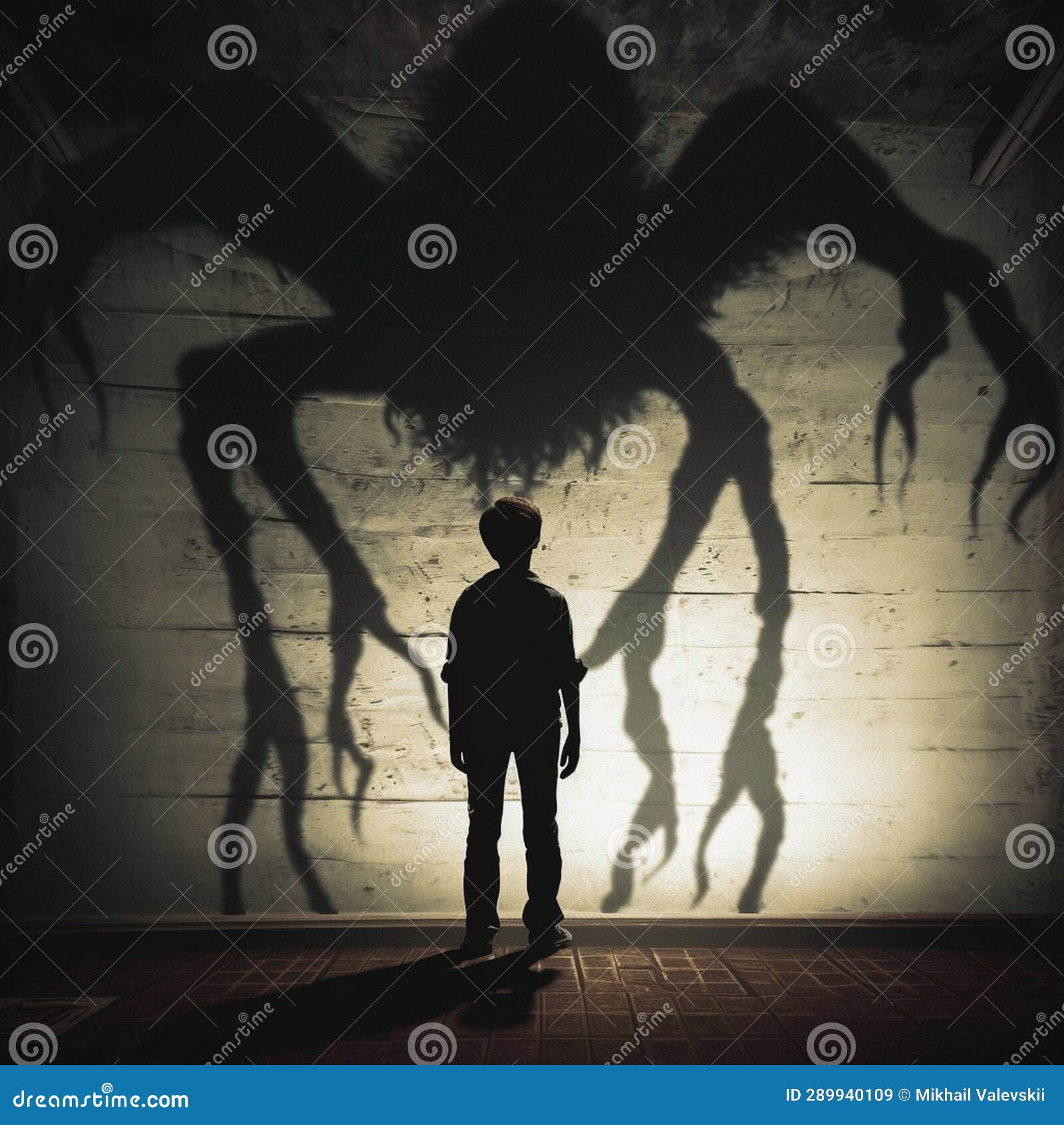 Boy and Shadow Monster Horror Illustration Stock Illustration ...