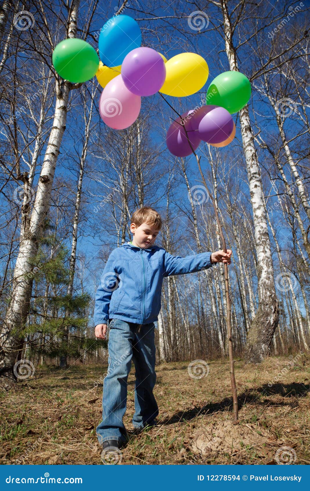 Boy with Sheaf of Balloons in Park in Spring Stock Photo - Image of ...