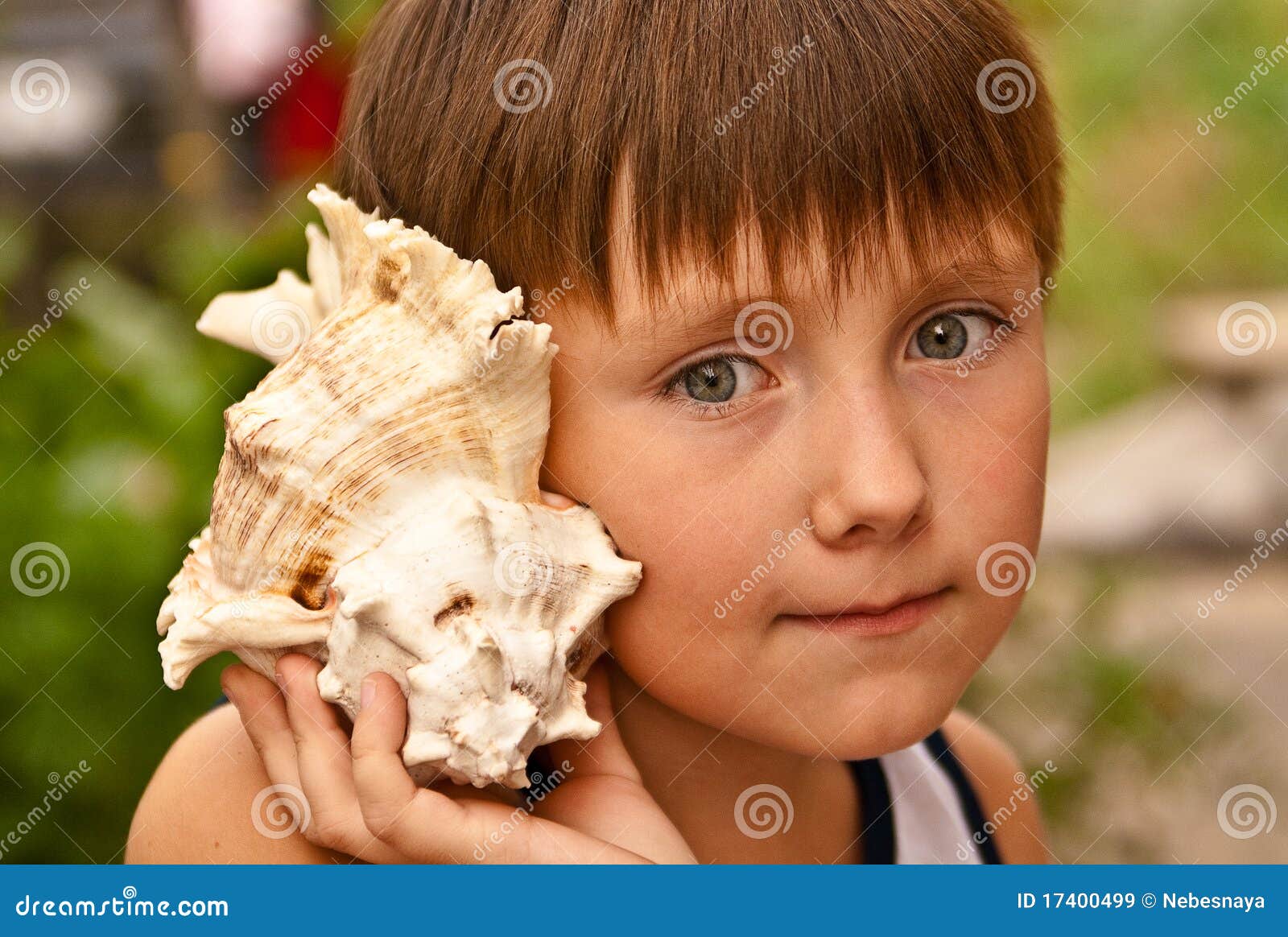 Boy with a shell stock image. Image of preteen, concerned - 17400499