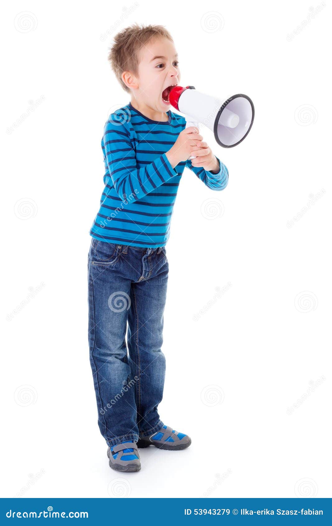 Boy Shouting into Big White Megaphone Stock Image - Image of concept ...