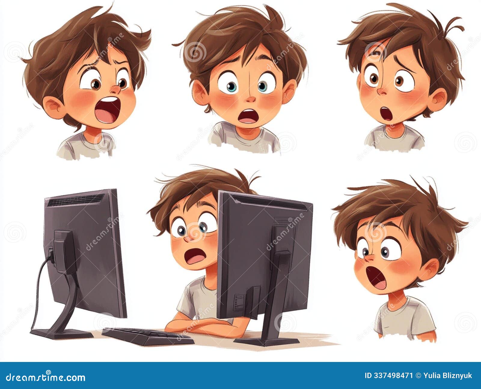 Boy Showing Various Facial Expressions at a Computer Stock Illustration ...
