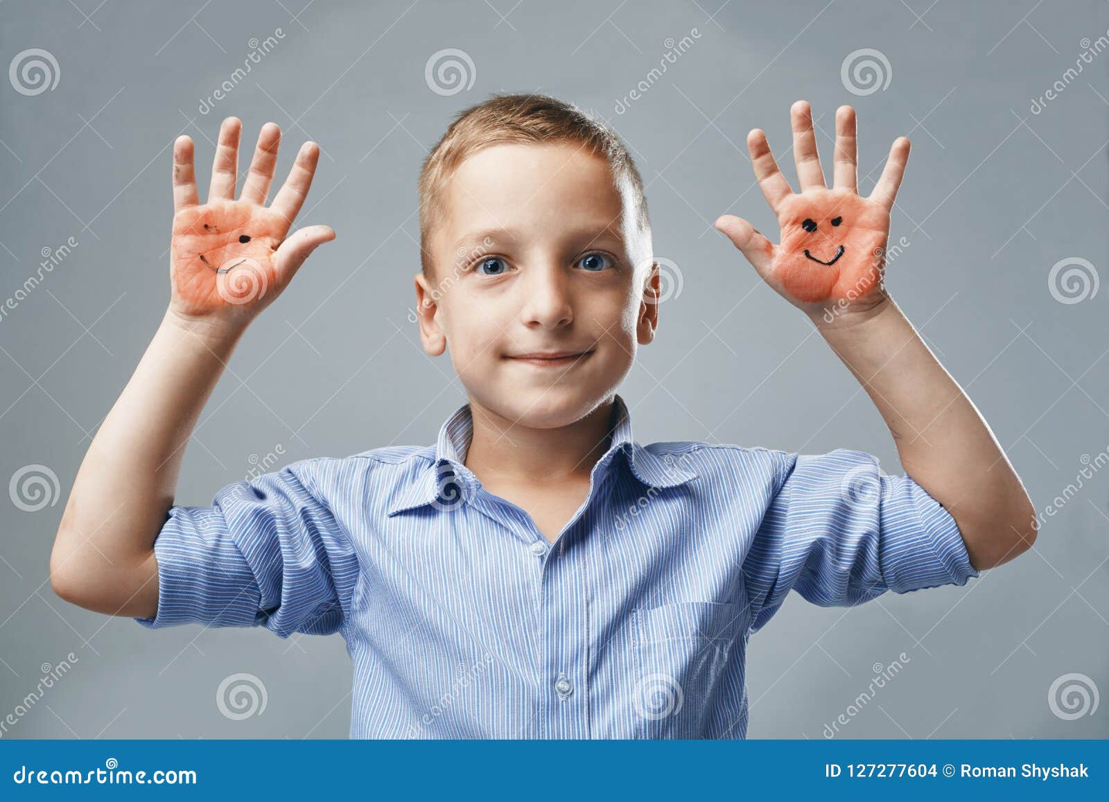 The Boy Shows Hand with Drawn Emoticons Stock Photo - Image of element ...